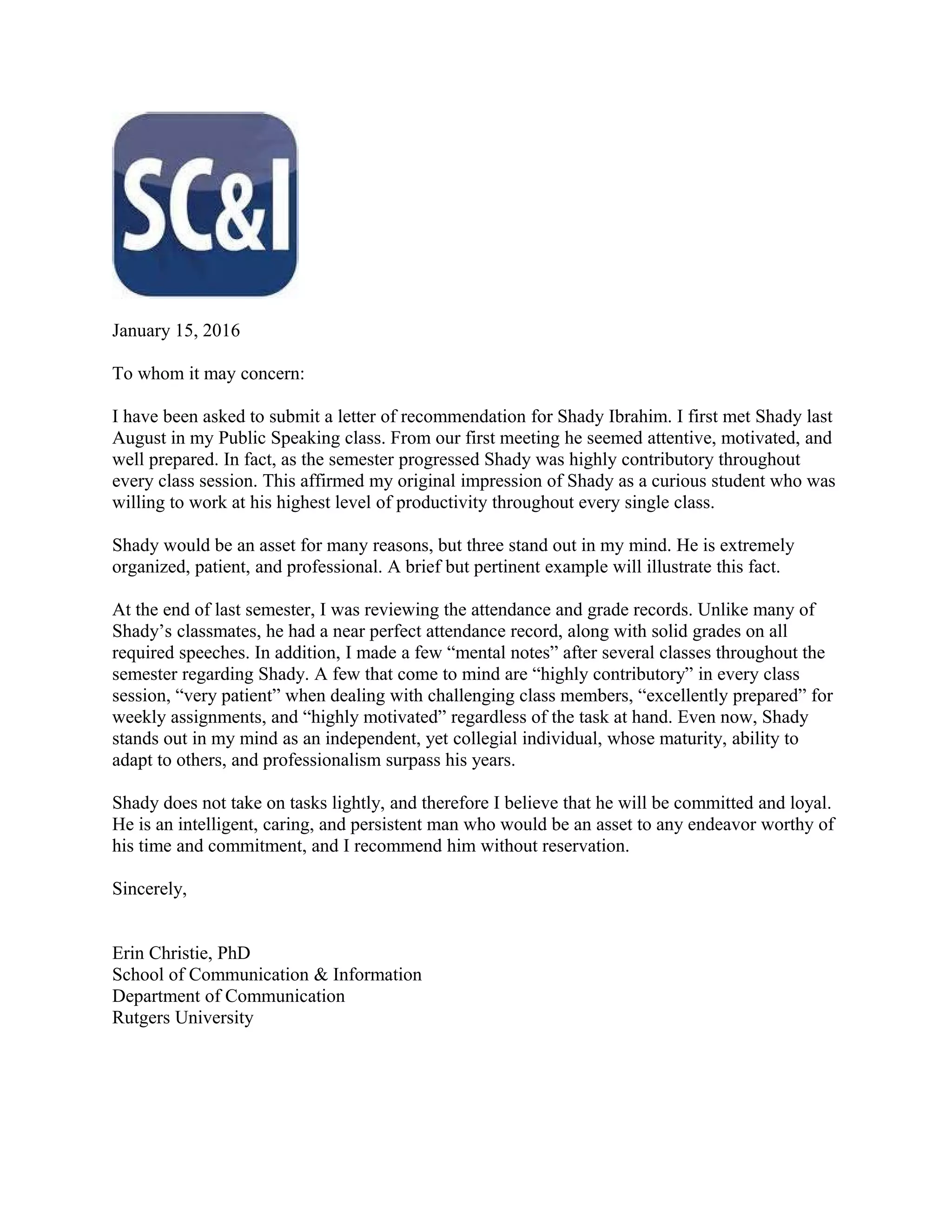 Shady Ibrahim - Letter of Recommendation - Rutgers | DOC