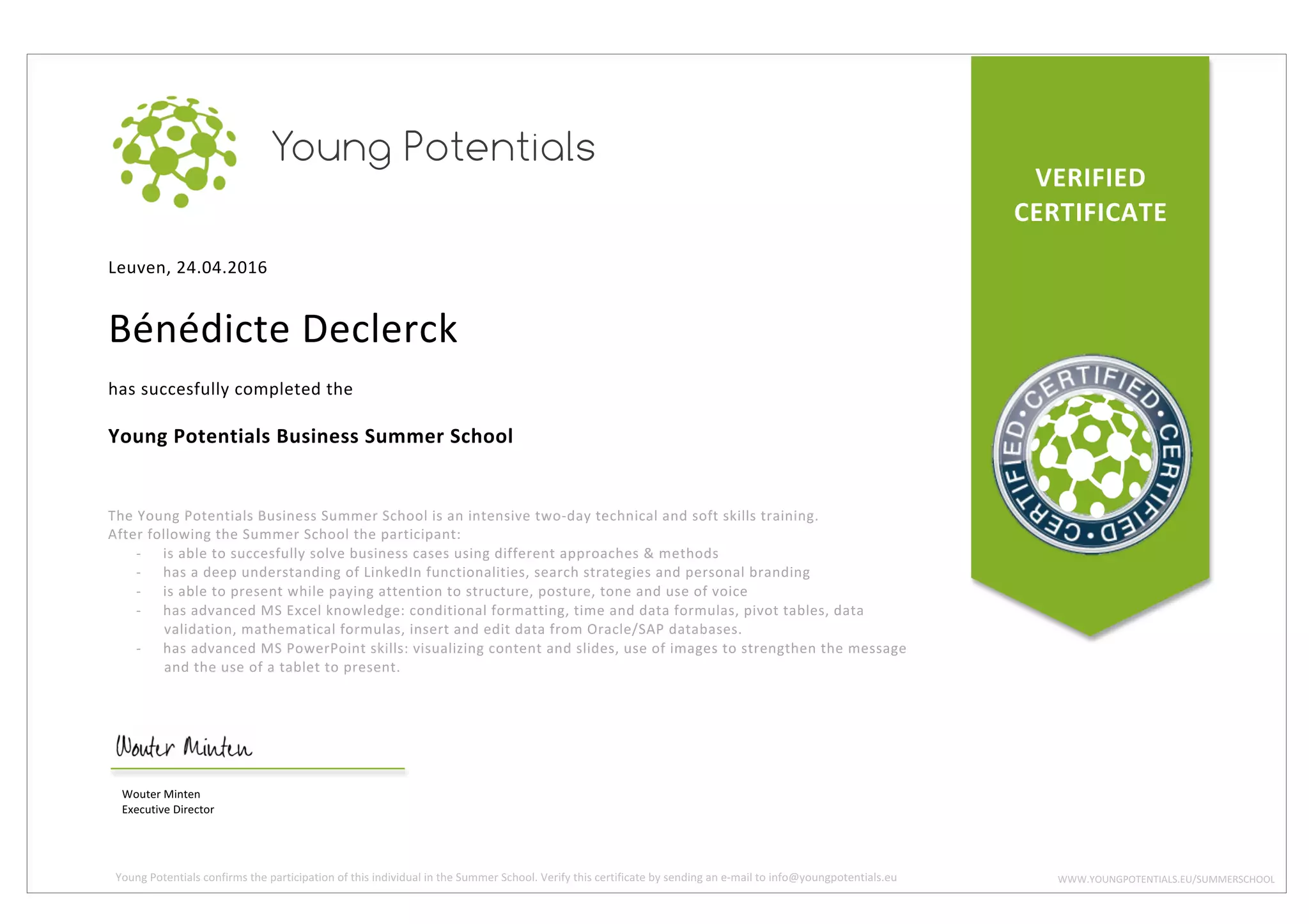 Certificaat Young Potentials | PPT