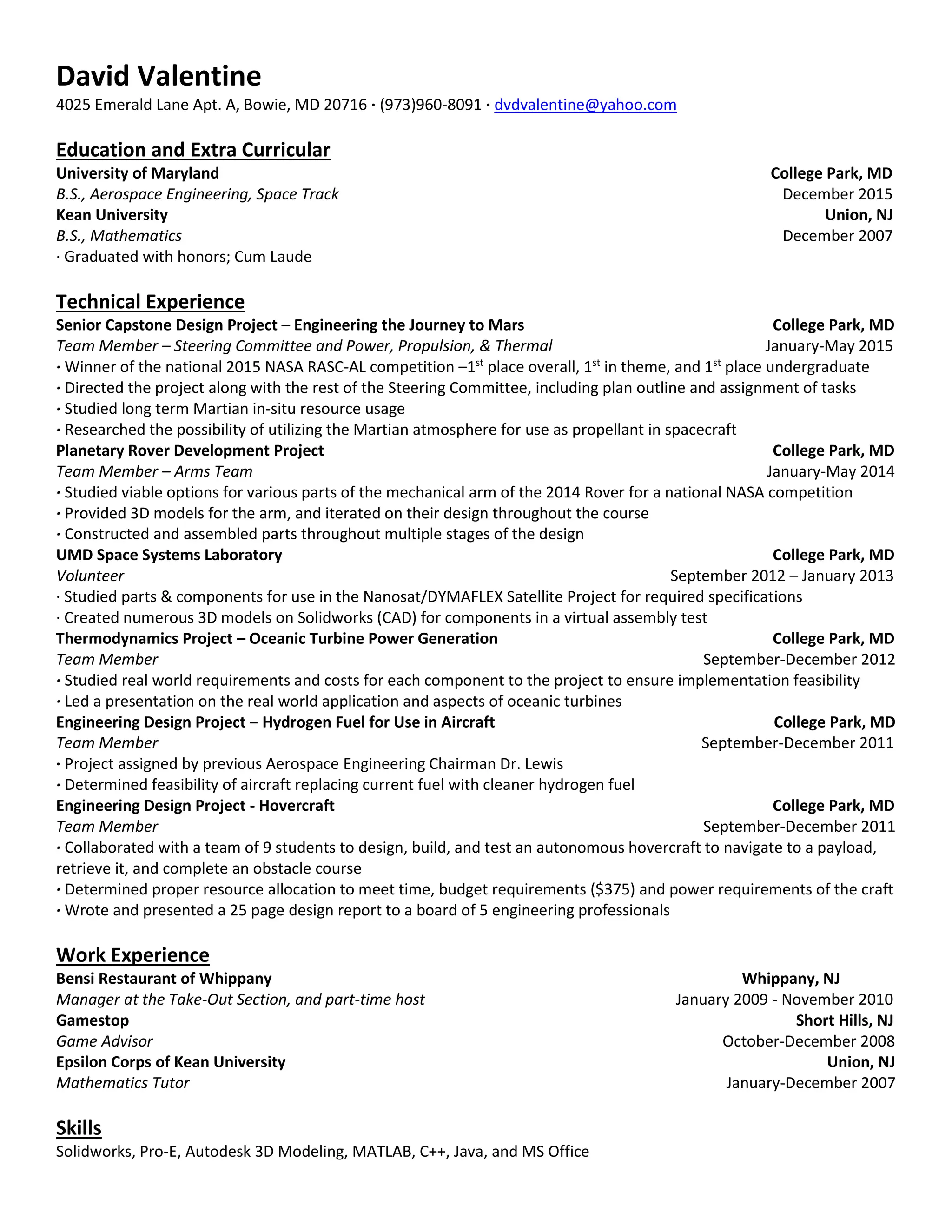 David Valentine Resume Spring 2016 | PDF