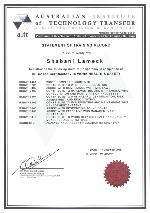 Cert IV WHS transcript - Shabani | PDF