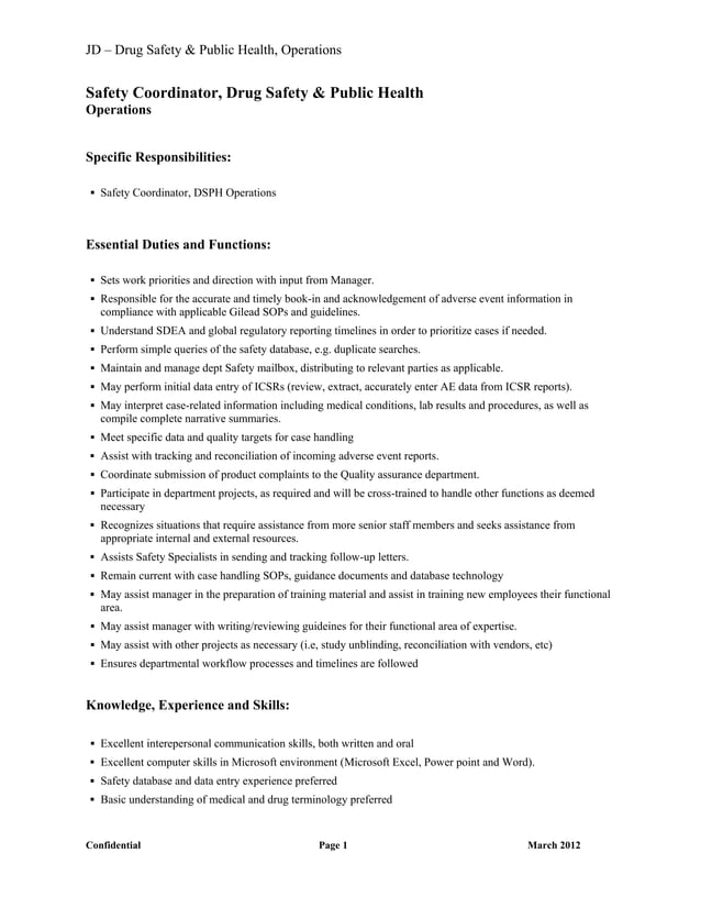 Safety Coordinator DSPH Job description | PDF | Pharmaceutical Industry ...
