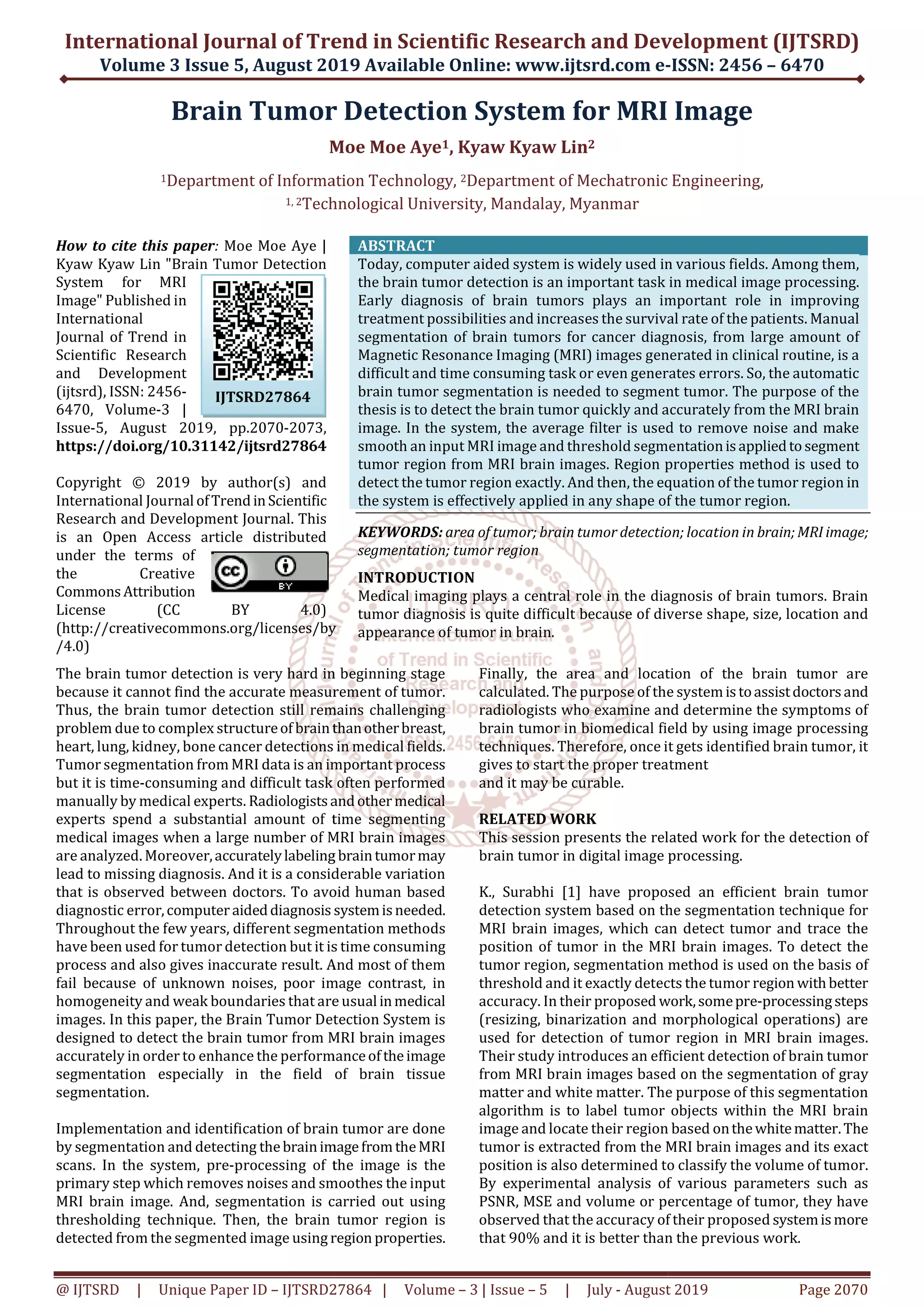 Brain Tumor Detection System for MRI Image | PDF