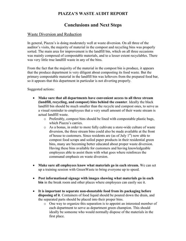 Piazza's Waste Audit Report Final | PDF