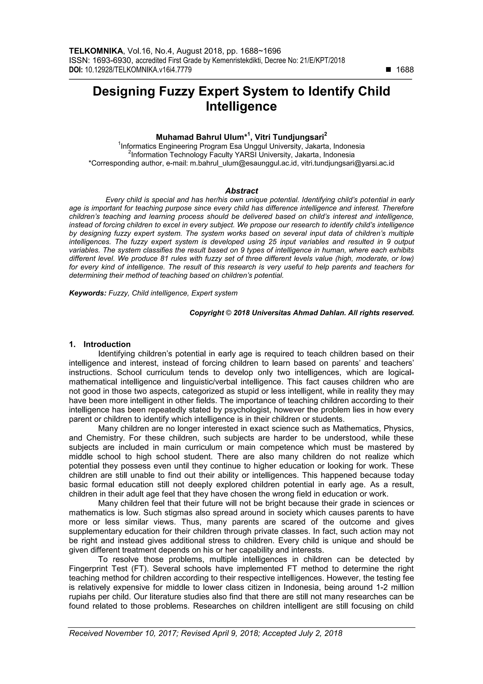 Designing Fuzzy Expert System to Identify Child Intelligence | PDF
