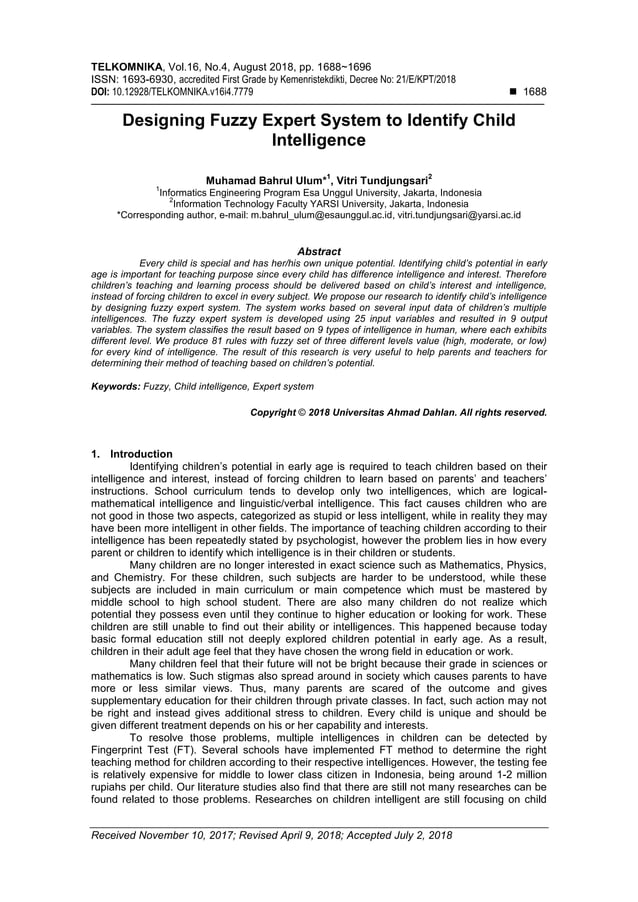 Designing Fuzzy Expert System to Identify Child Intelligence | PDF