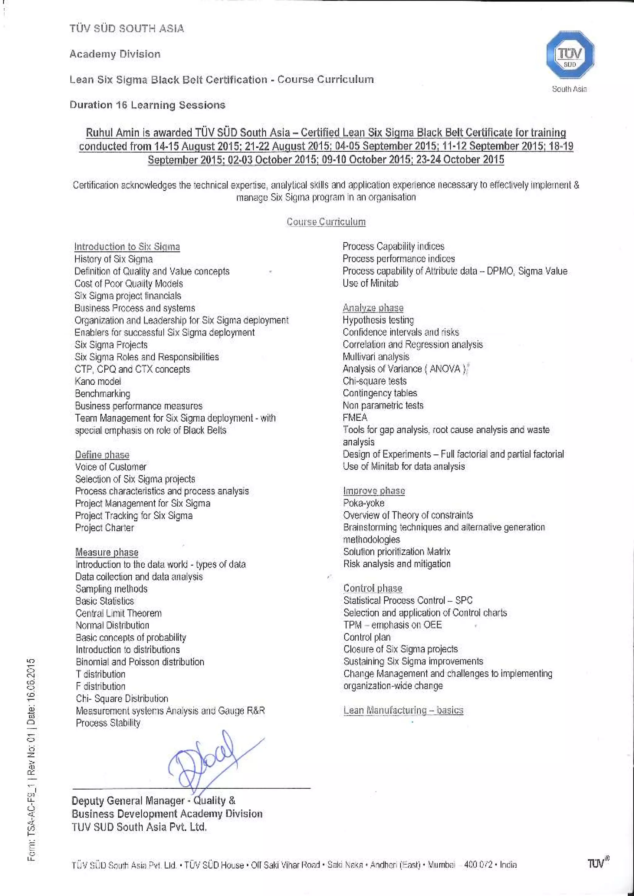 Lean Six Sigma Black Belt Course Curriculum | PDF