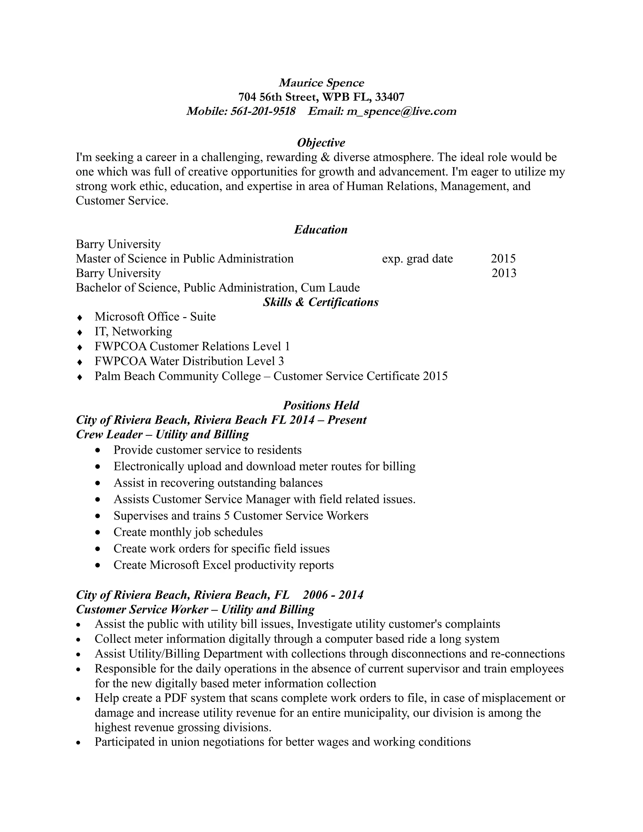 New Maurice Spence Resume | DOC