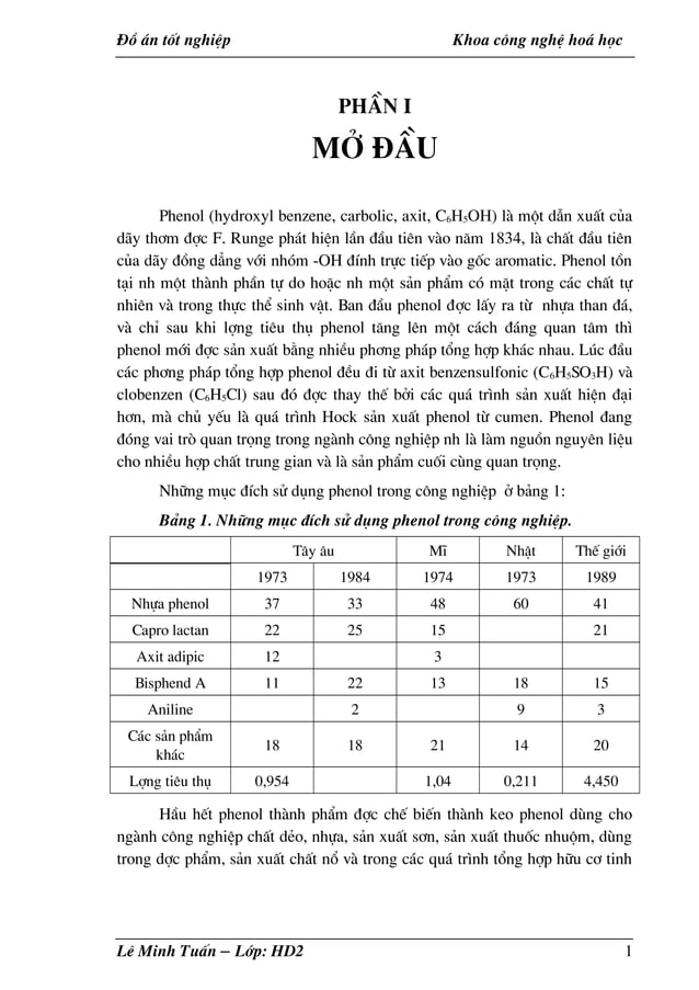 Thiết Kế Phân Xưởng Sản Xuất Phenol Từ Cumen, Năng Suất 30.000 Tấn Năm | PDF