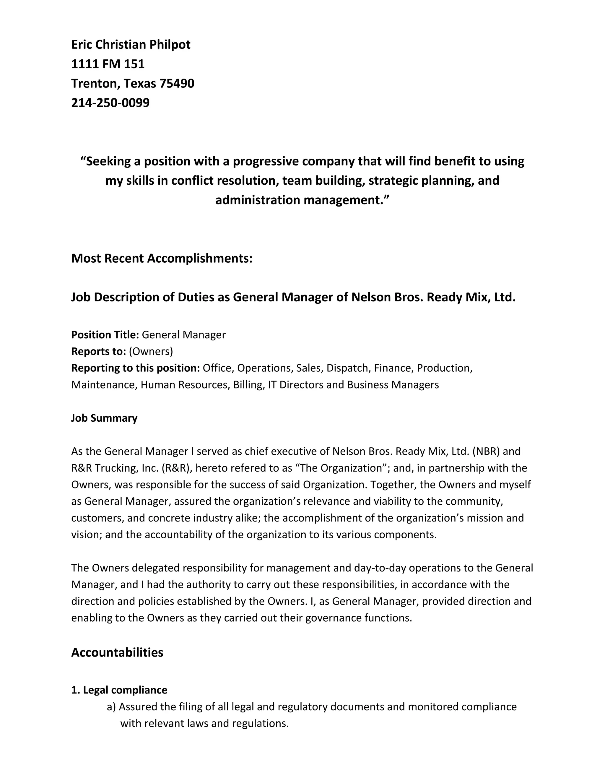 Eric Philpot Resume : General Manager | PDF