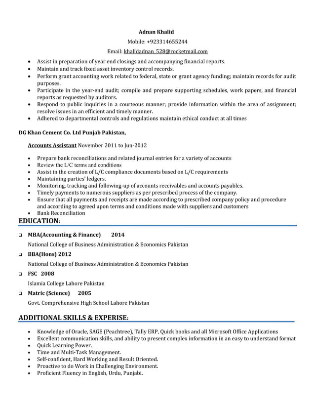 Adnan CV | DOC | Business Accounting & Finance | Business