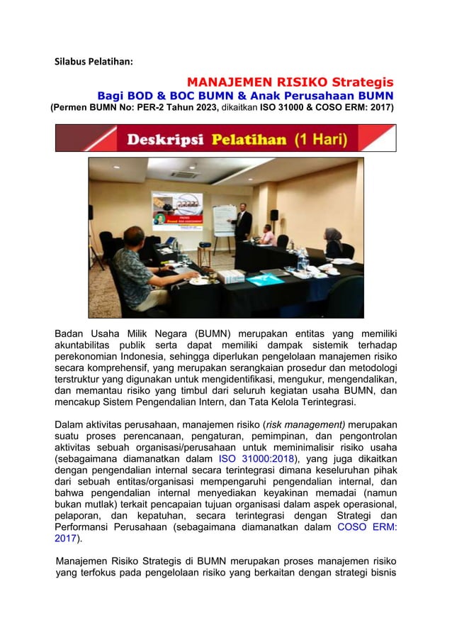 Silabus Pelatihan "MANAJEMEN RISIKO STRATEGIS bagi BOD & BOC BUMN & Anak Perusahaan BUMN ...