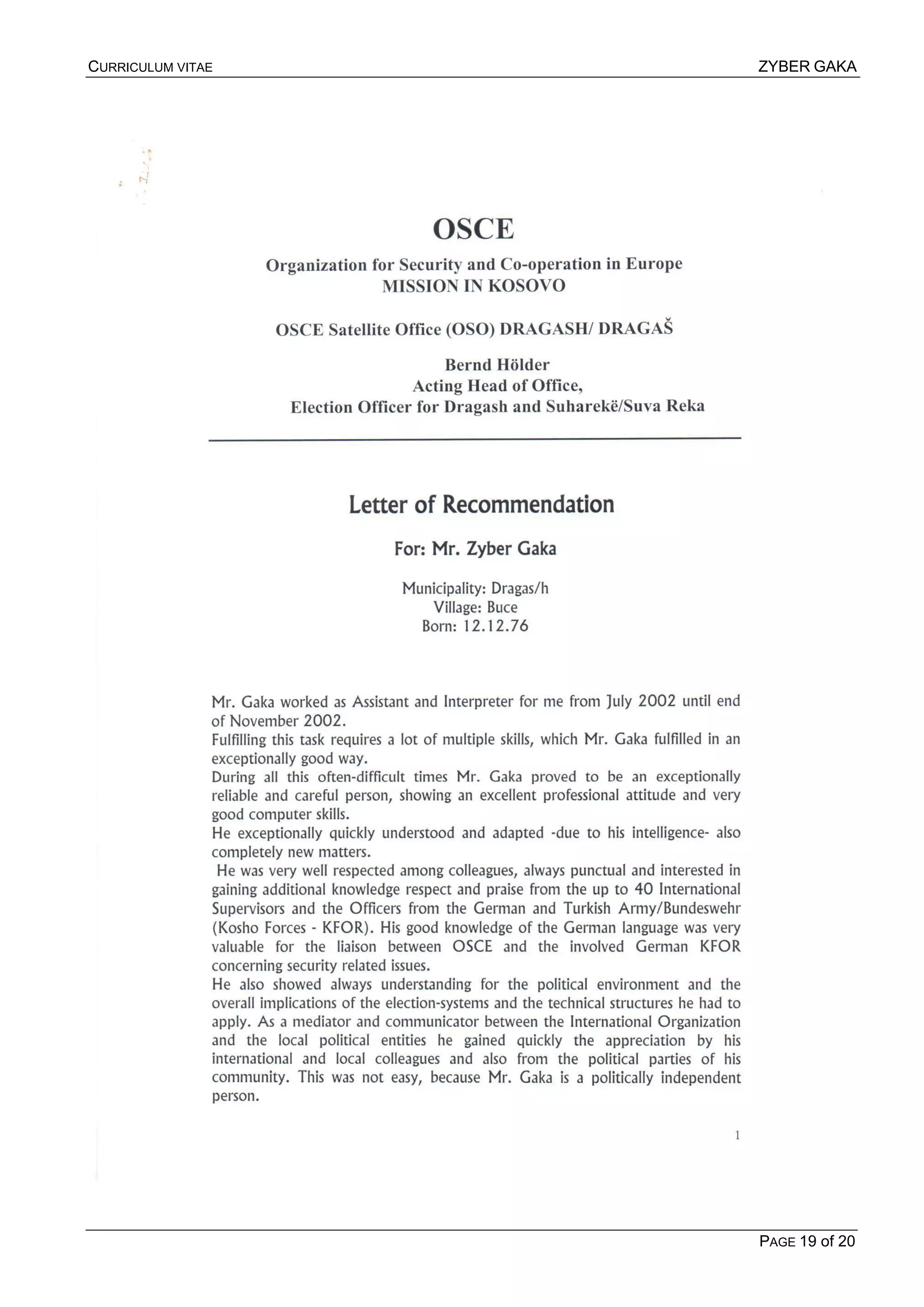 Zyber Gaka - CV 19 | PDF