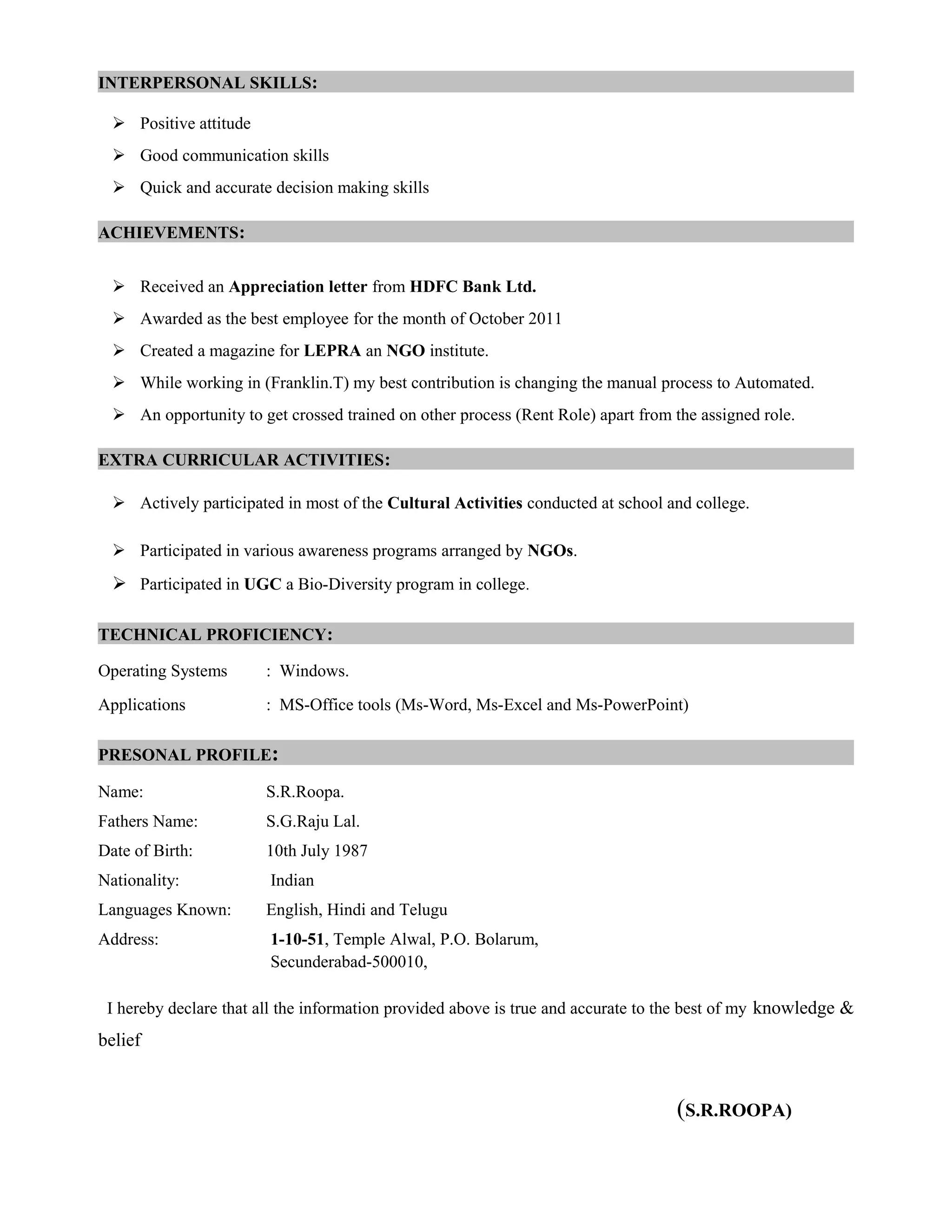 CURRICULUM VITAE- Roopa (f) | DOC