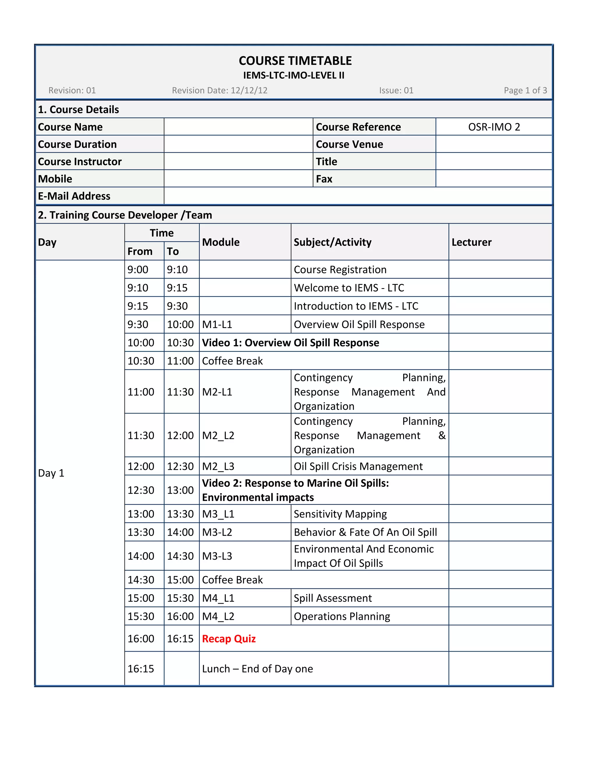 COURSE TIMETABLE - IMO LEVEL II | PDF