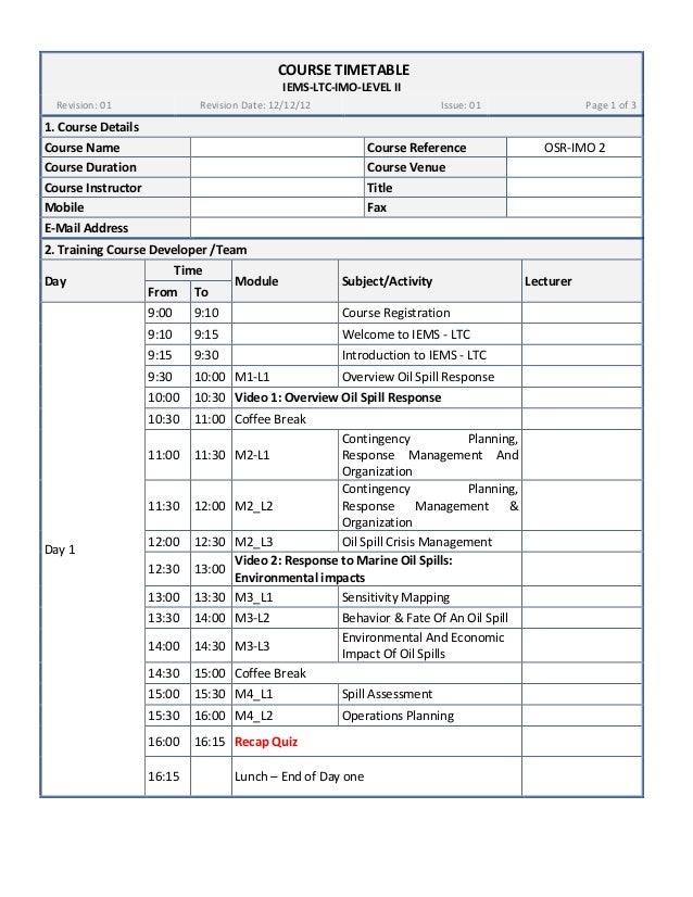COURSE TIMETABLE - IMO LEVEL II