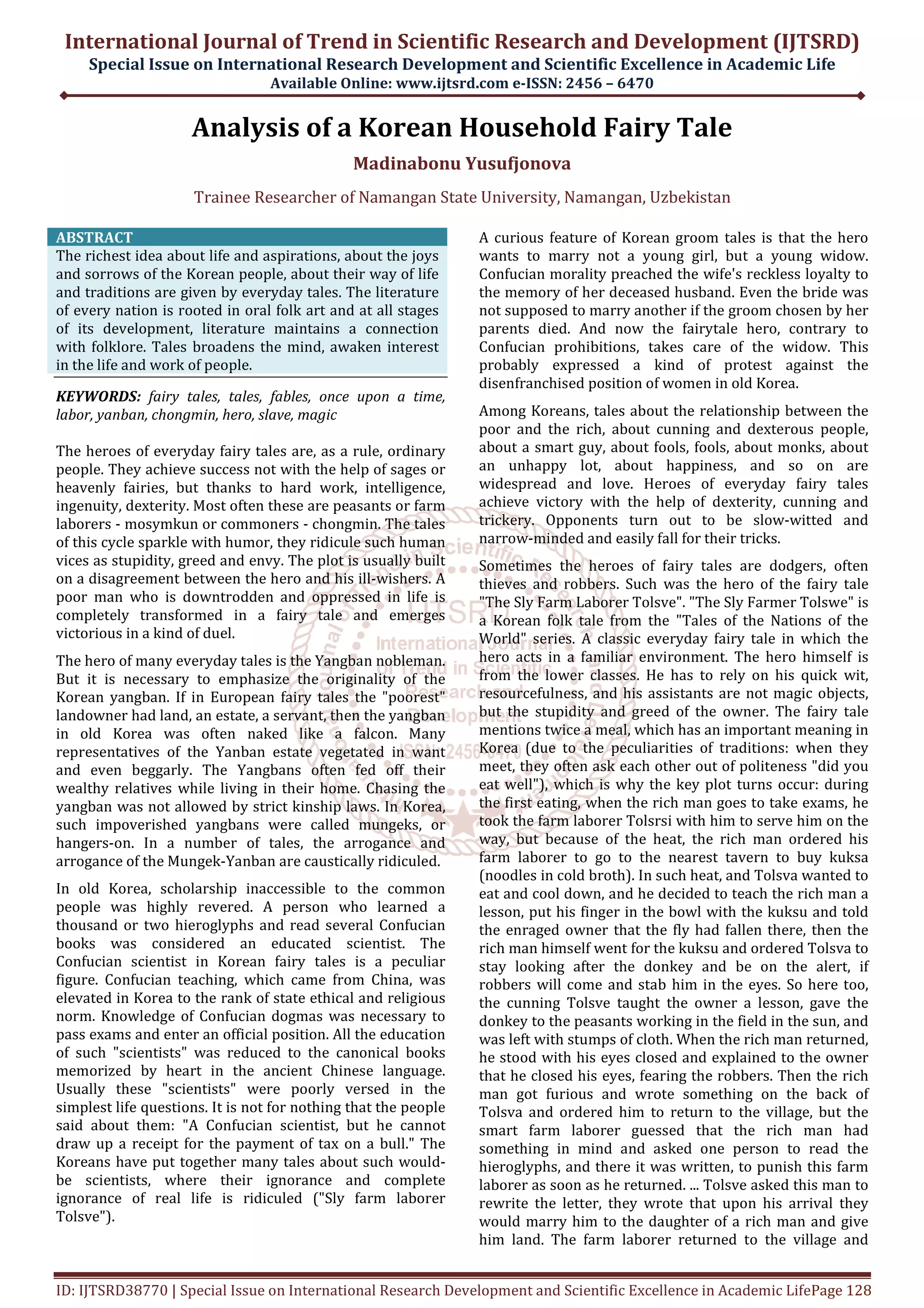 Analysis of a Korean Household Fairy Tale | PDF