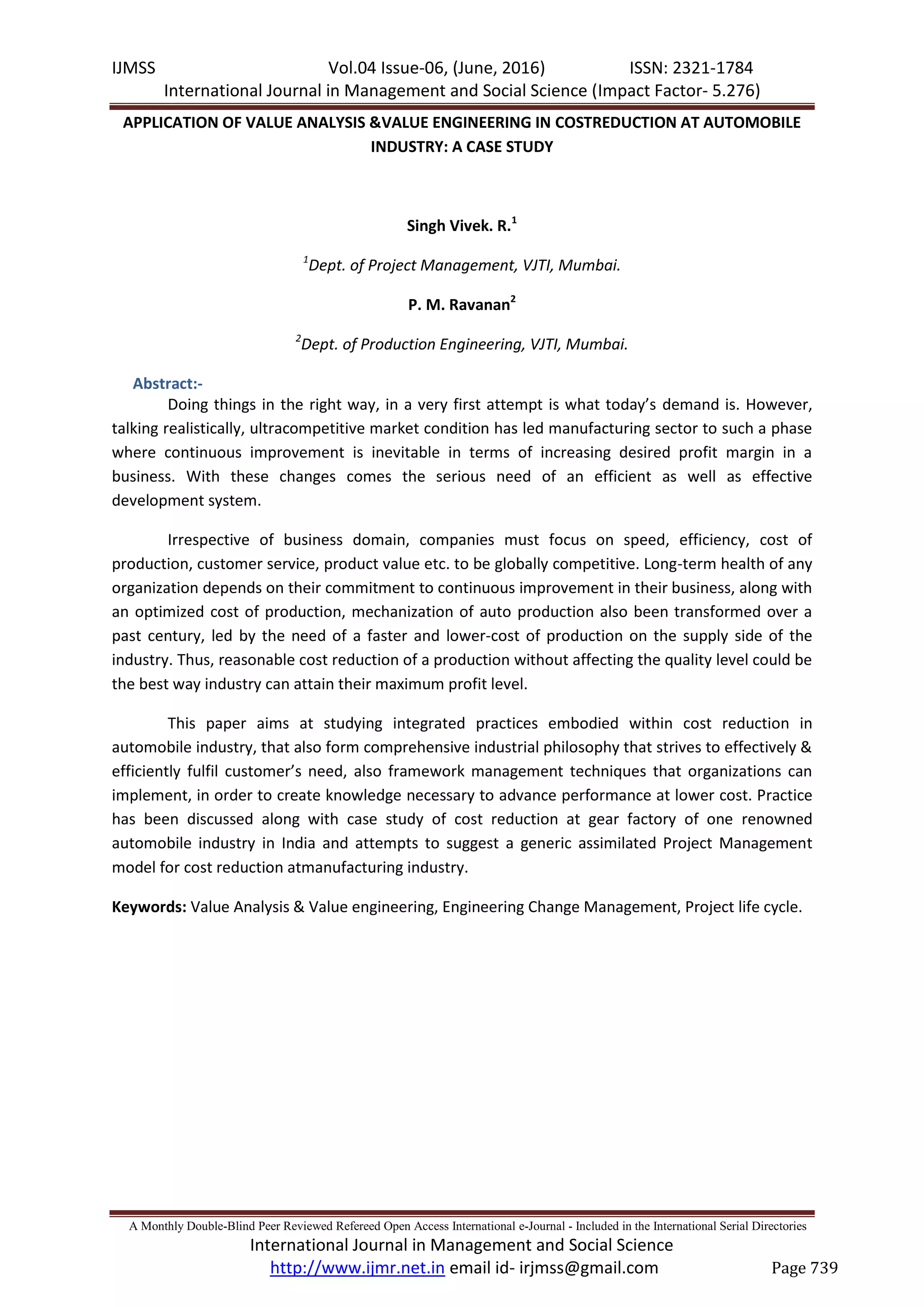 Application of VAVE in Cost reduction at Automobile Industry | PDF