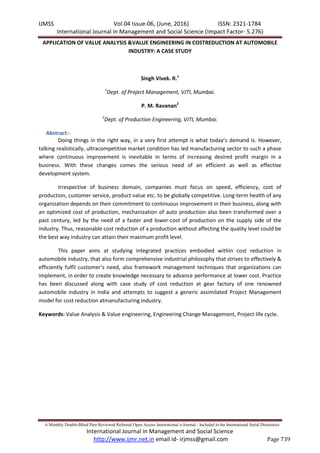 Application of VAVE in Cost reduction at Automobile Industry | PDF
