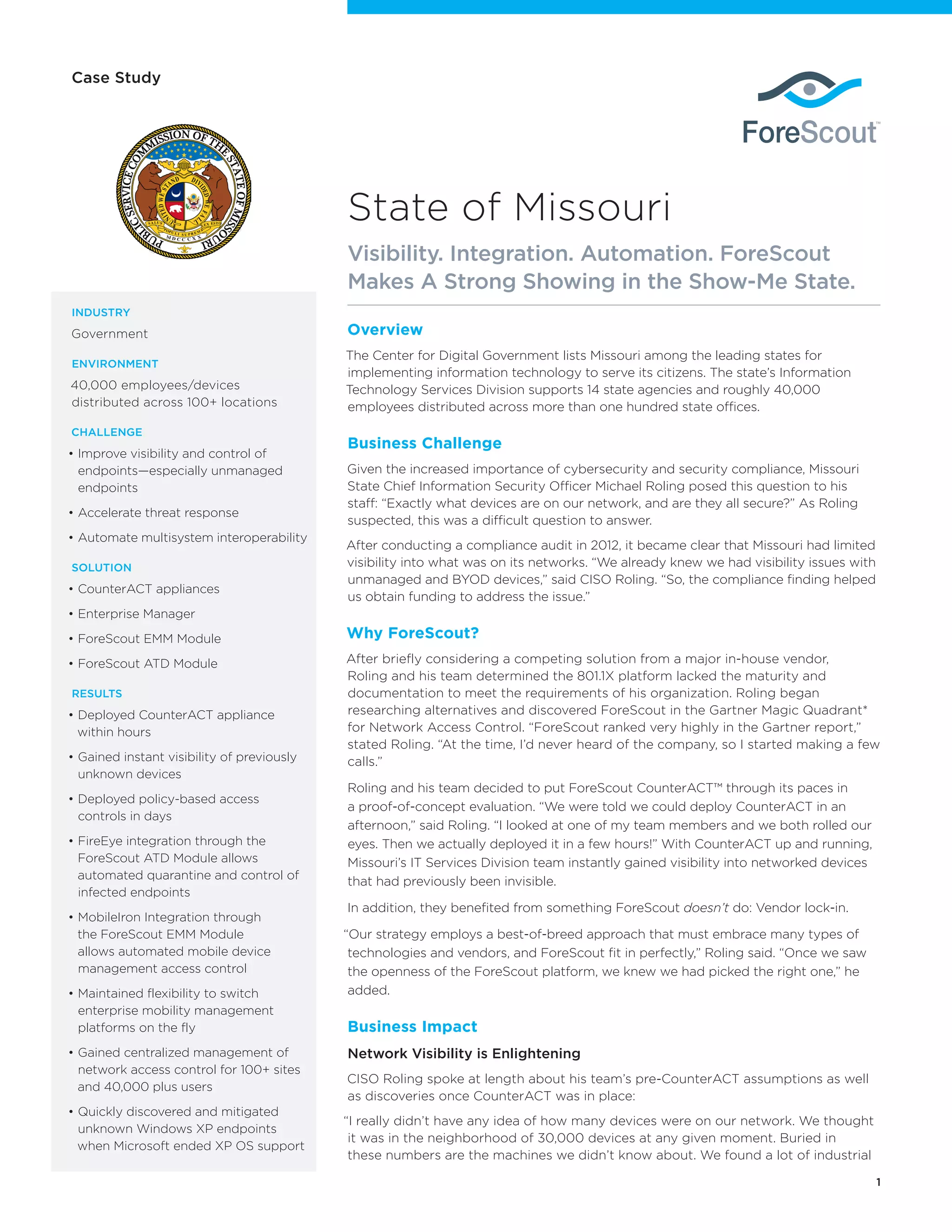 State of Missouri ForeScout Case Study | PDF