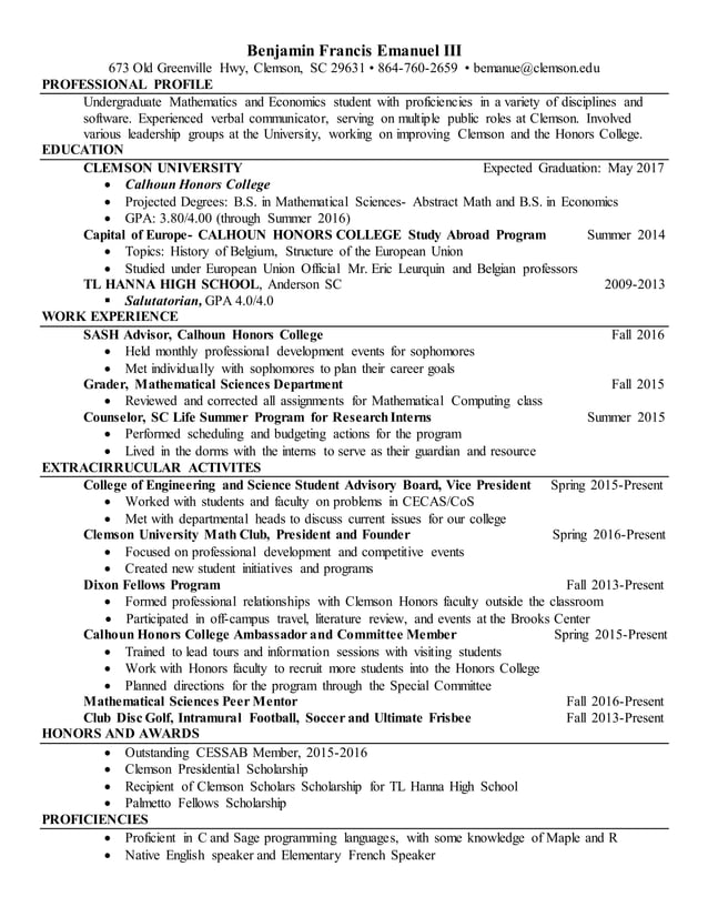 Benjamin Emanuel TechWrite Resume | DOCX | College Education | Education
