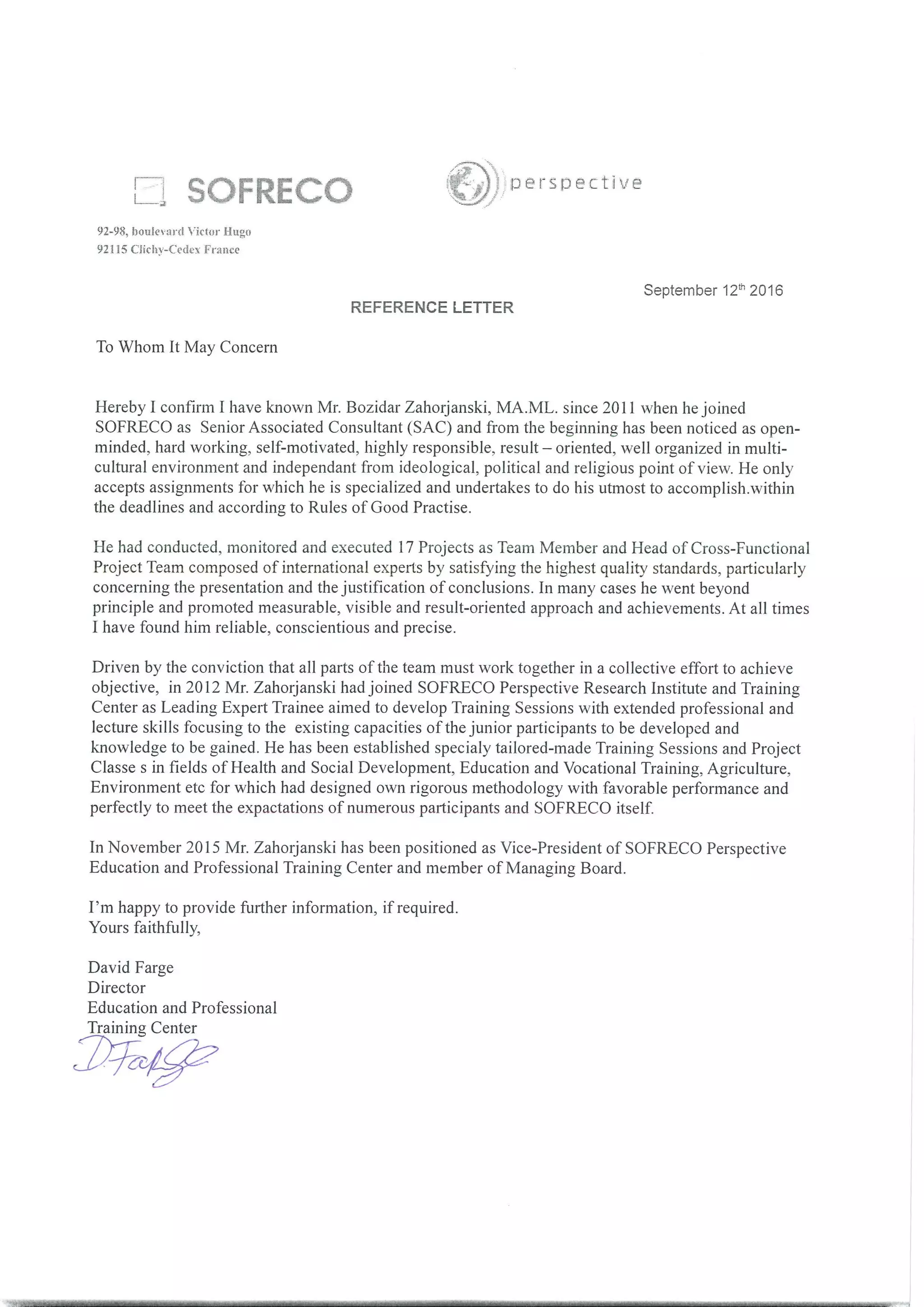 BZ SOFRECO Perspective Research Institute Letter of Reference ...