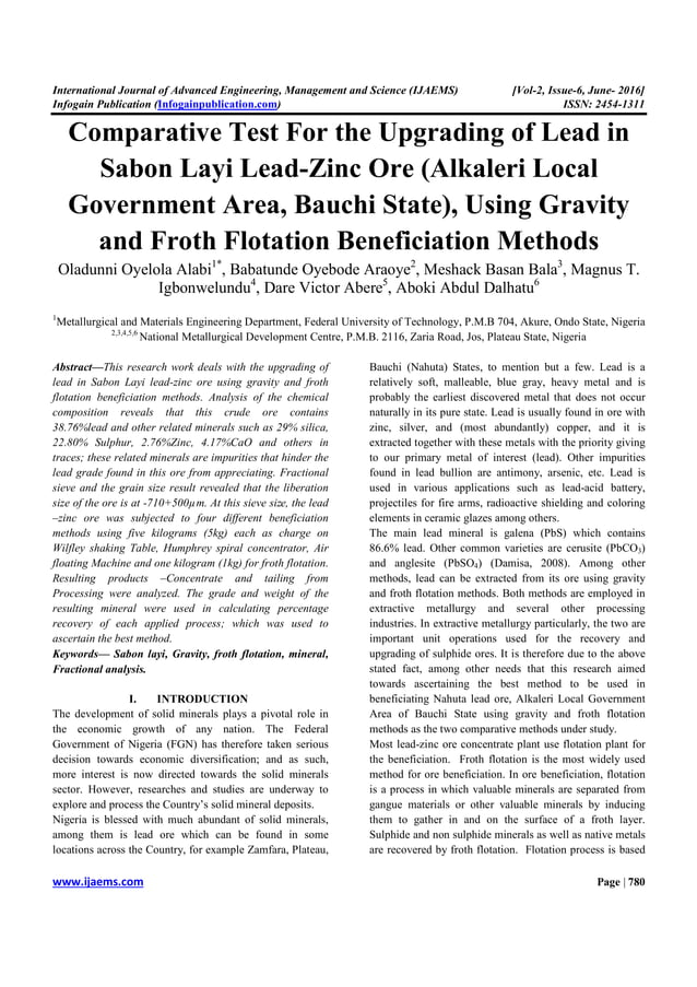 Comparative Test For the Upgrading of Lead in Sabon Layi Lead-Zinc Ore ...