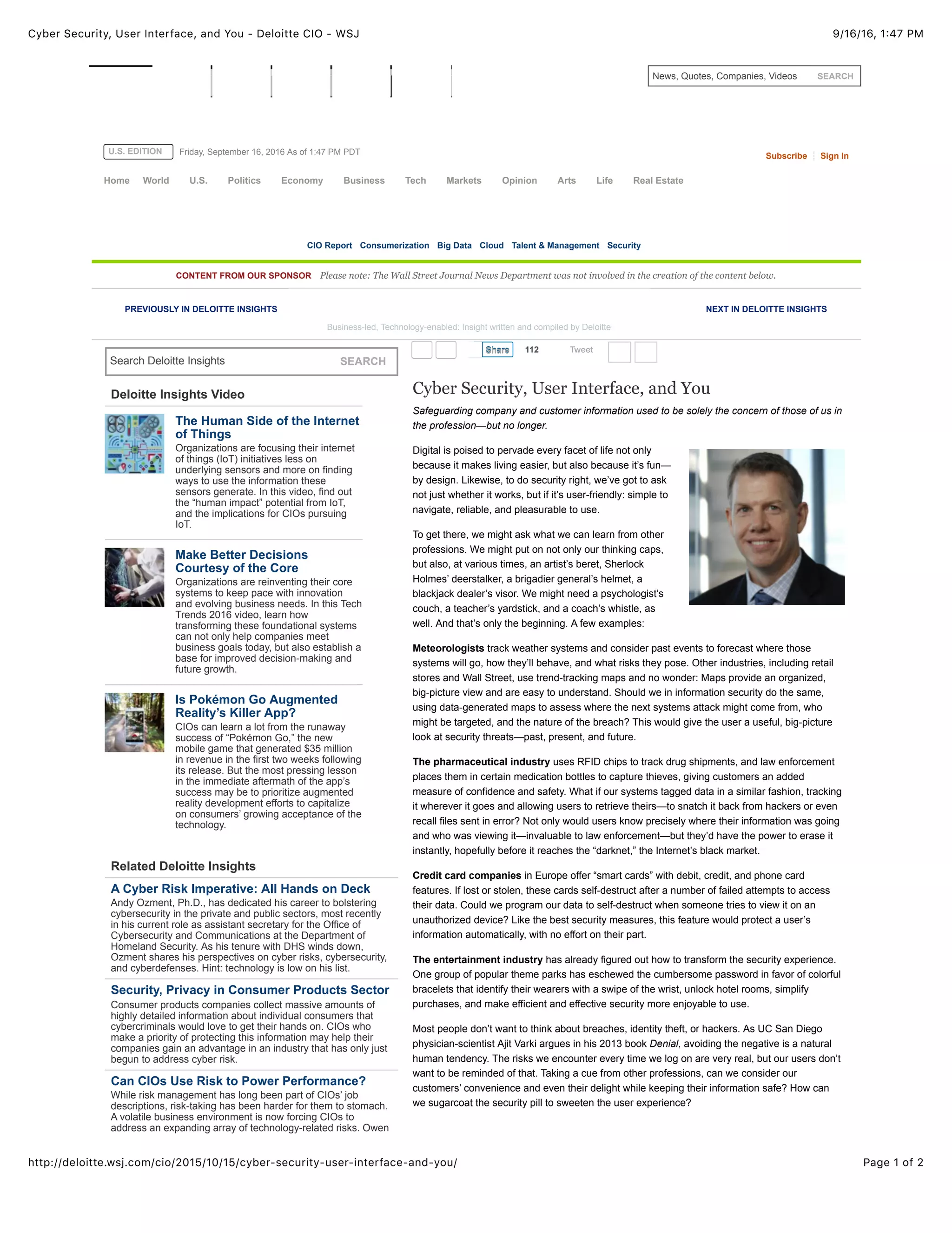 Cyber Security, User Interface, and You - Deloitte CIO - WSJ | PDF