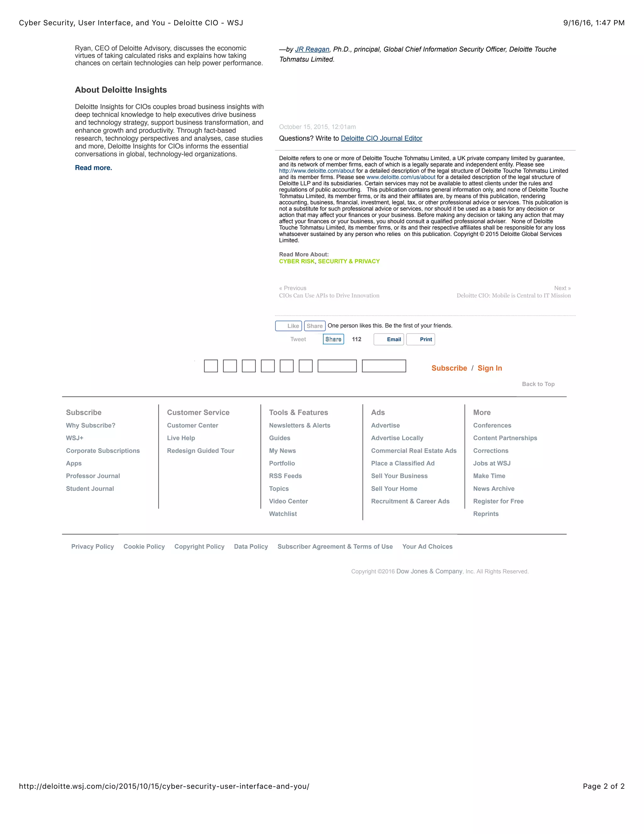 Cyber Security, User Interface, and You - Deloitte CIO - WSJ | PDF