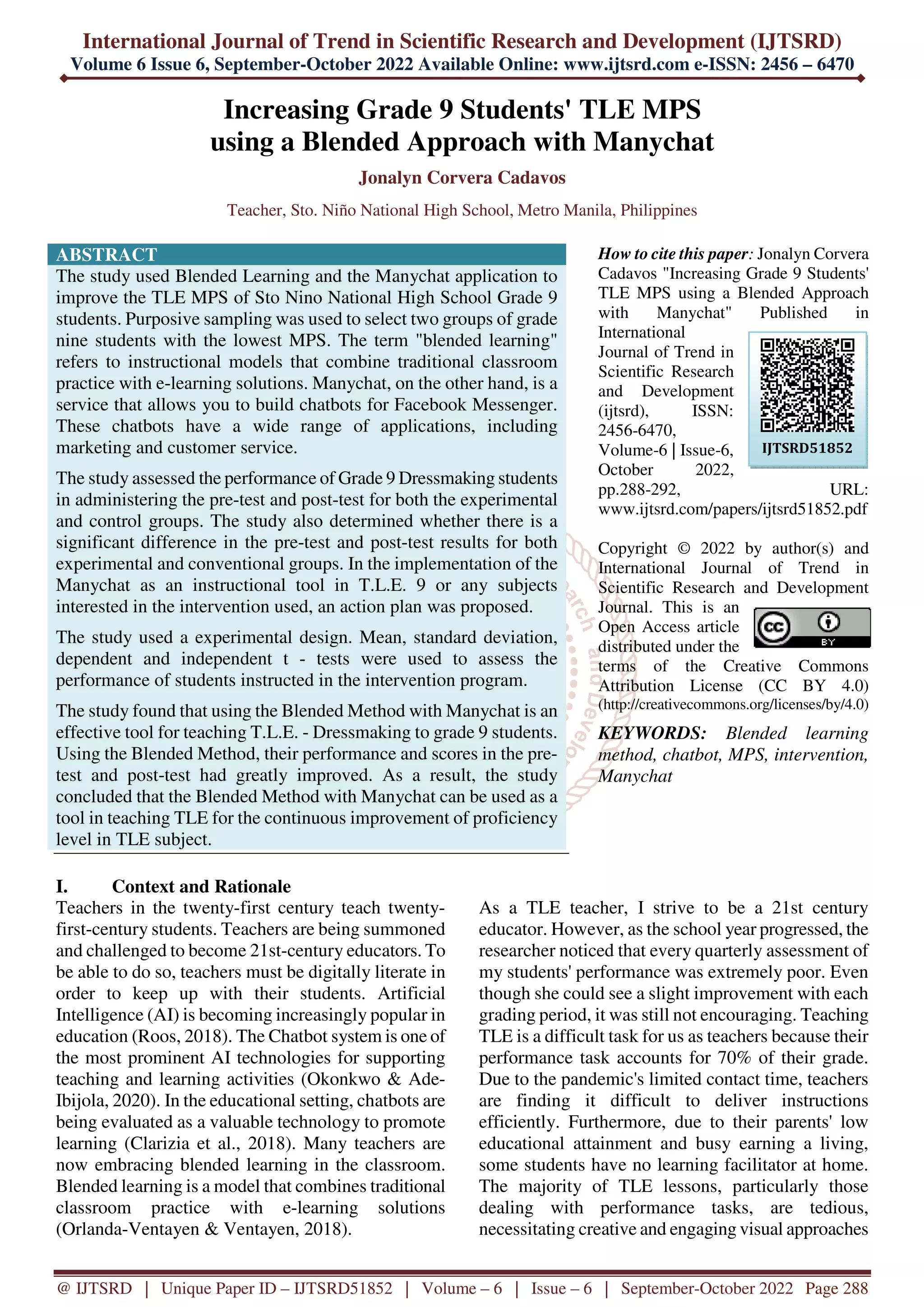 Increasing Grade 9 Students TLE MPS using a Blended Approach with ...
