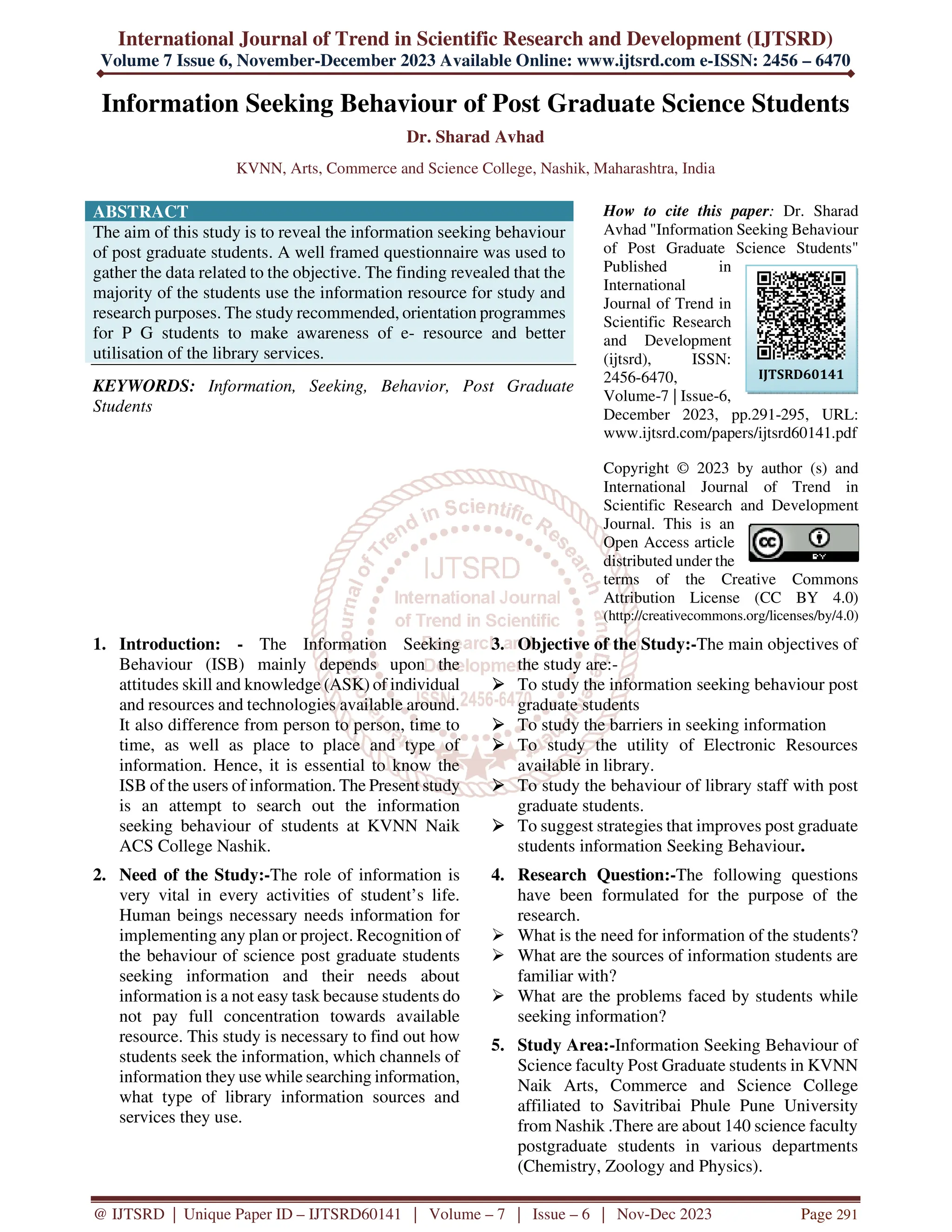 Information Seeking Behaviour of Post Graduate Science Students | PDF