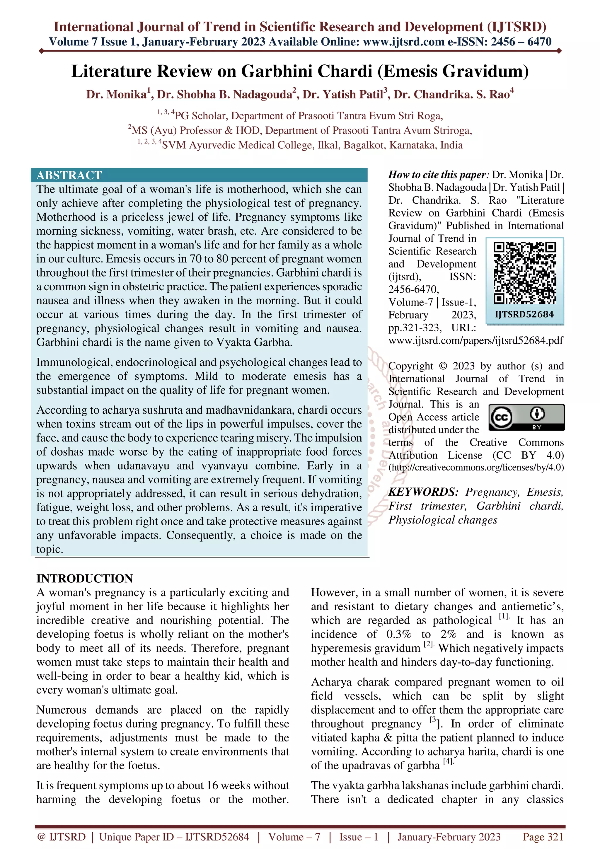 Literature Review on Garbhini Chardi Emesis Gravidum | PDF