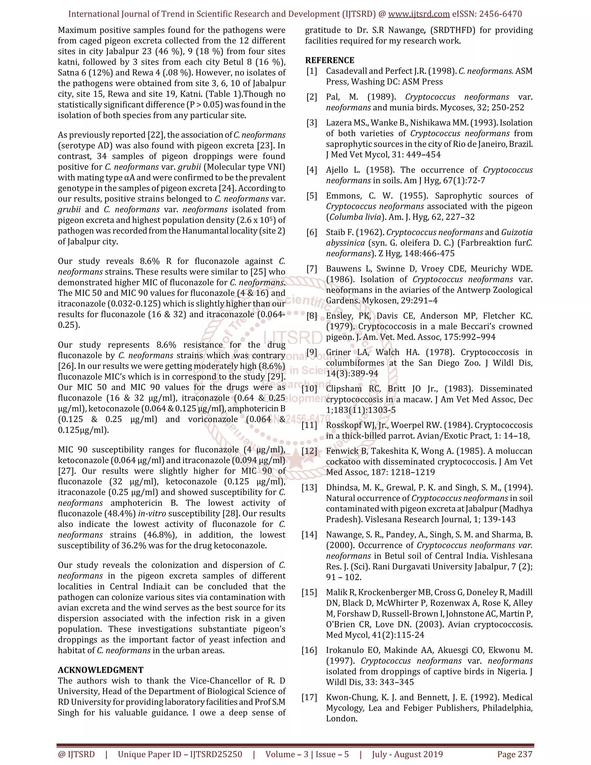 Pigeon Excreta A Potential Source of Cryptococcus Neoformans and their ...