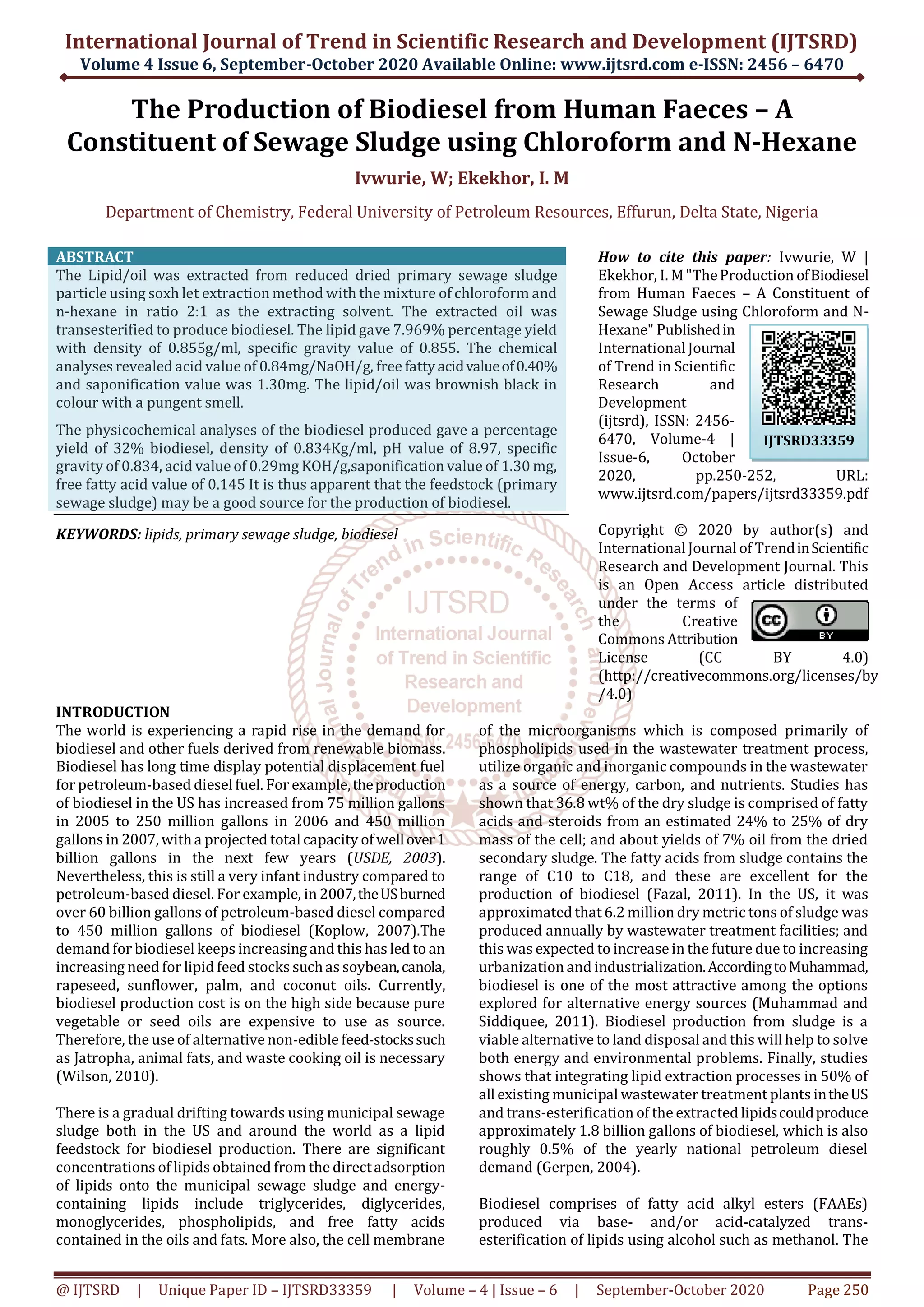 The Production of Biodiesel from Human Faeces – A Constituent of Sewage ...