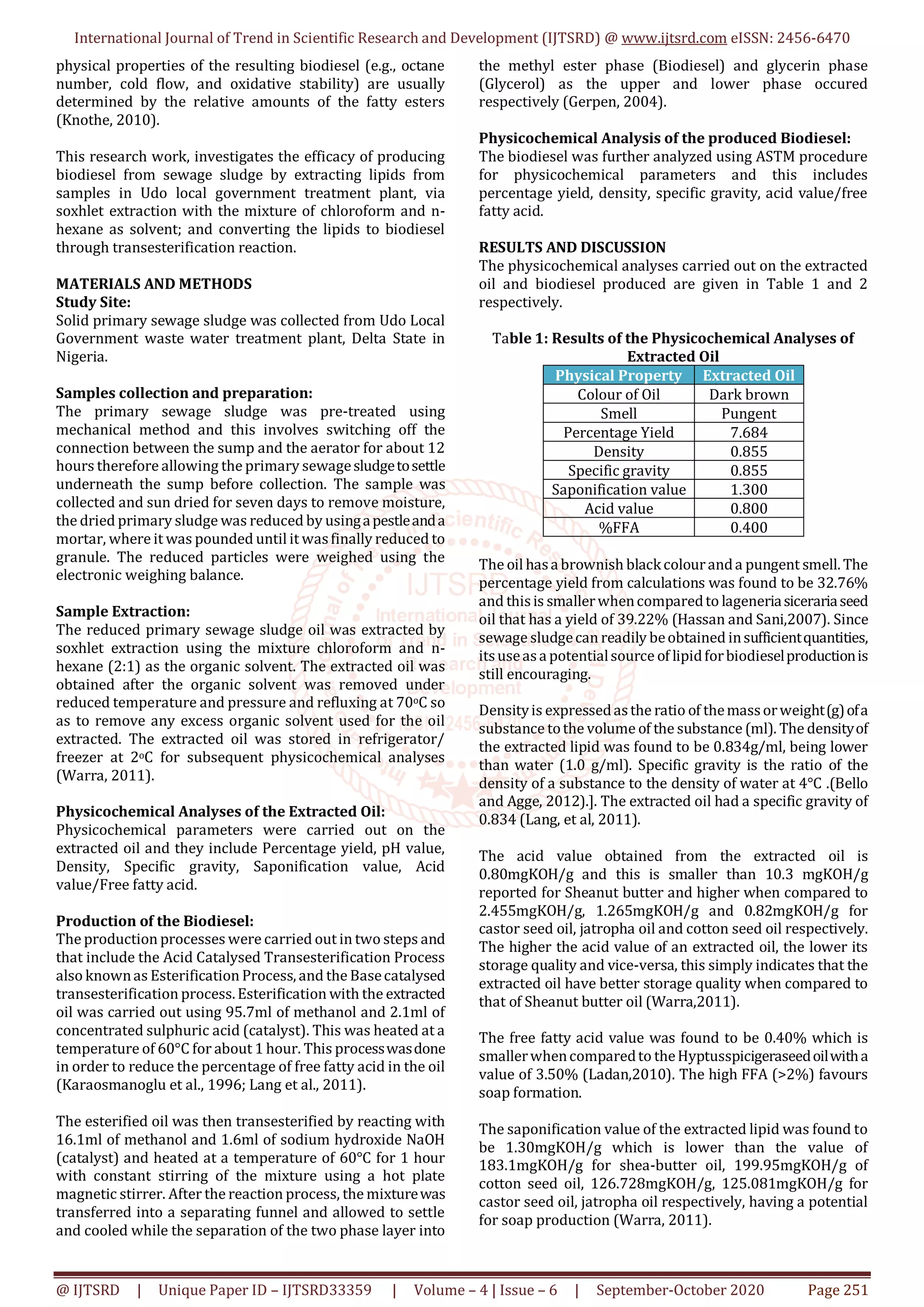 The Production of Biodiesel from Human Faeces – A Constituent of Sewage ...