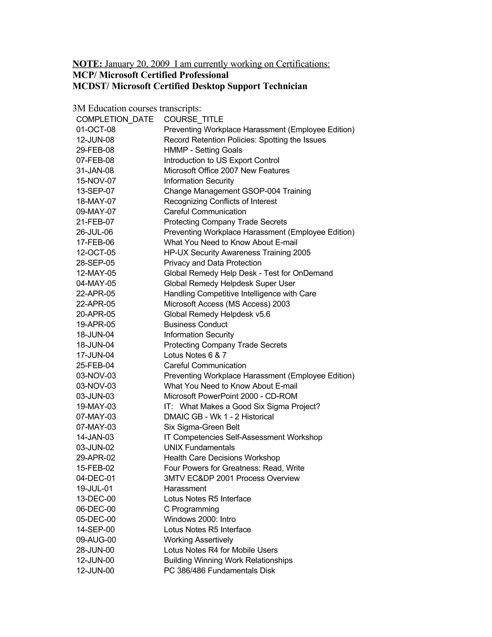 3 M Education Courses Transcripts | DOC | Operating Systems | Computer Software and Applications