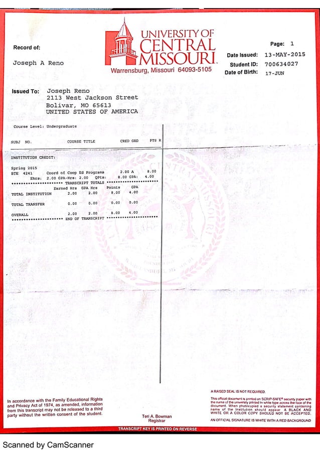UCM Transcript - Joseph Reno - BHS AFJROTC ASI | PDF