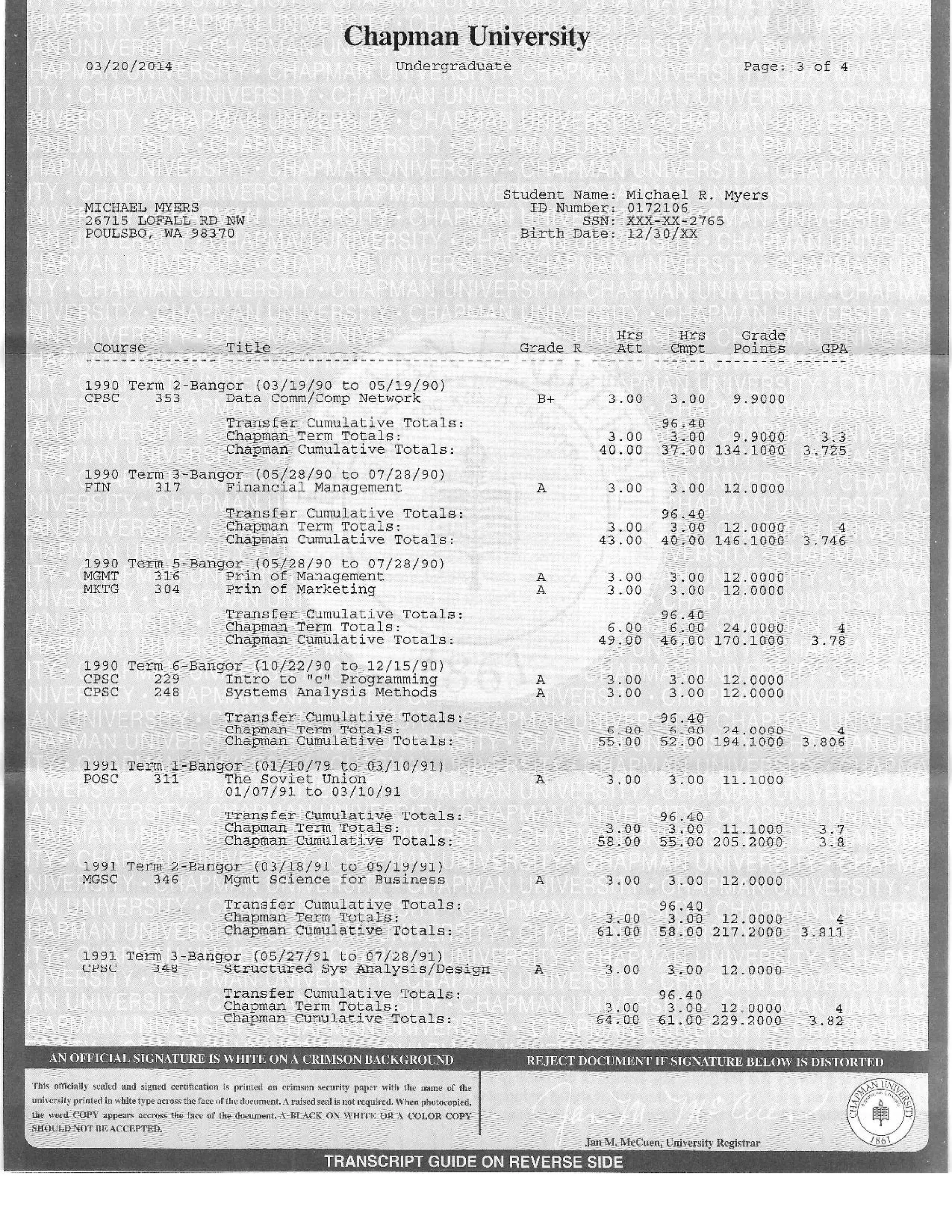 MRMyers Transcripts 2014-03 - Chapman University | PDF