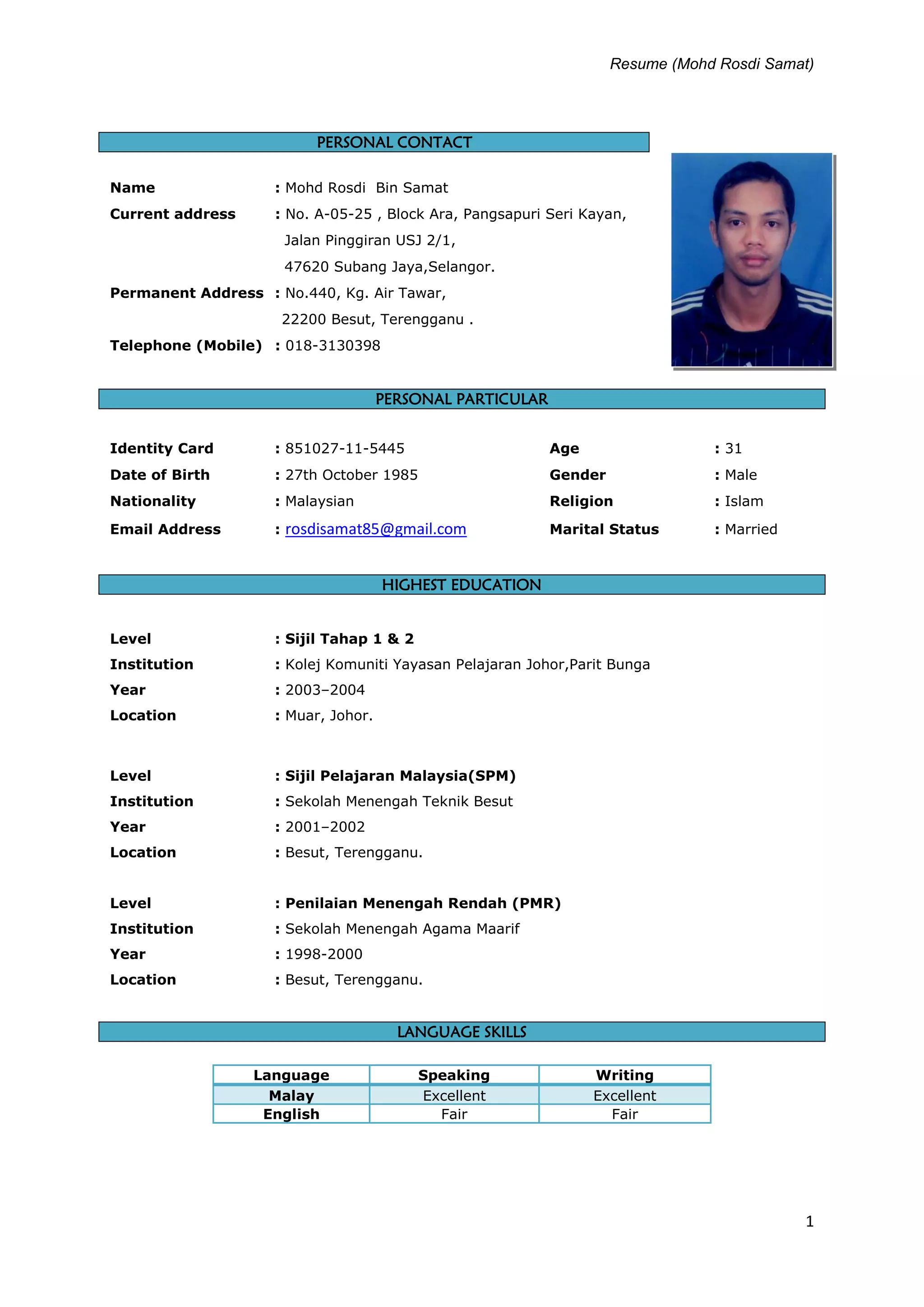 RESUME MOHD ROSDI SAMAT-new | PDF