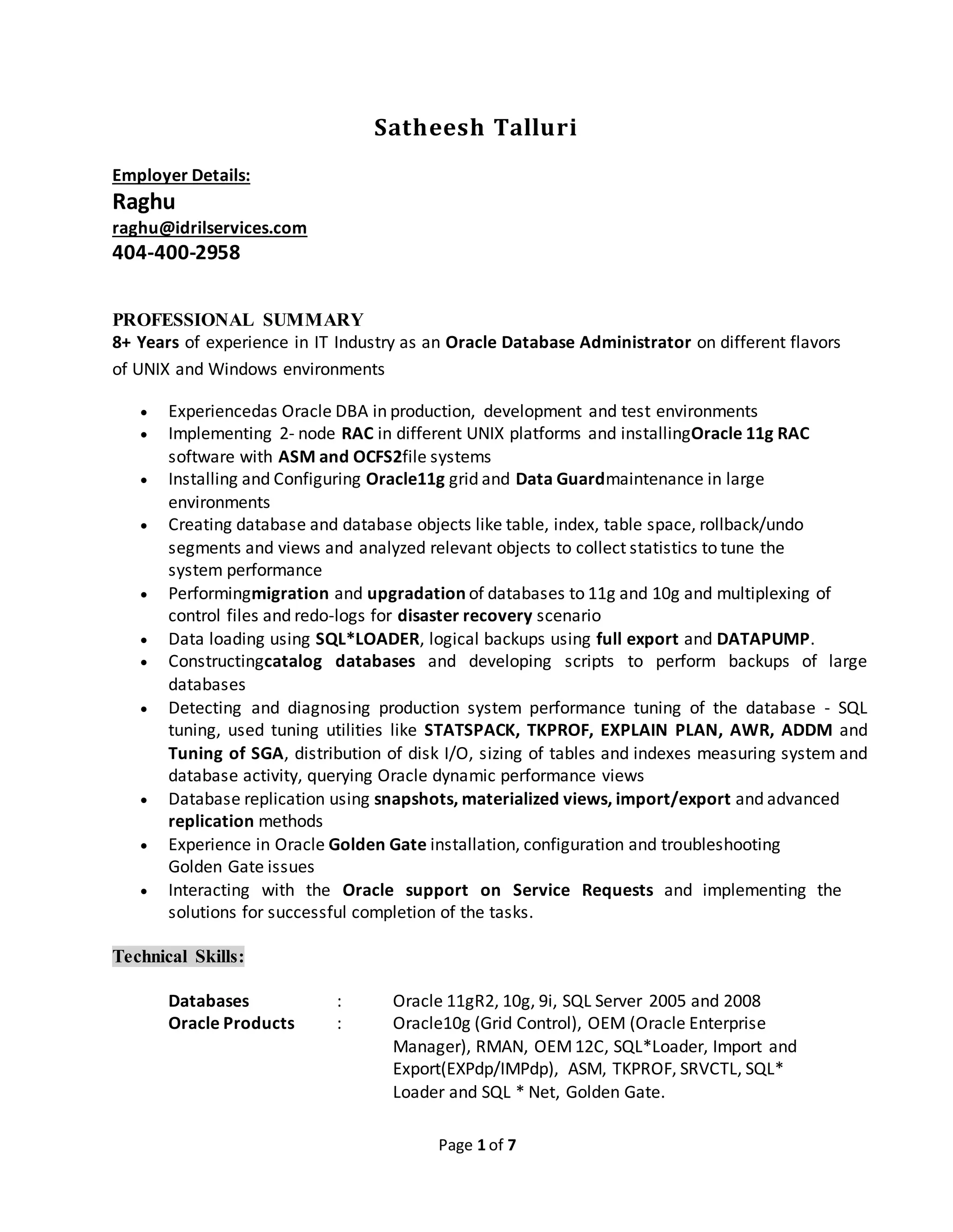 Satheesh Oracle DBA Resume | DOCX | Databases | Computer Software and ...