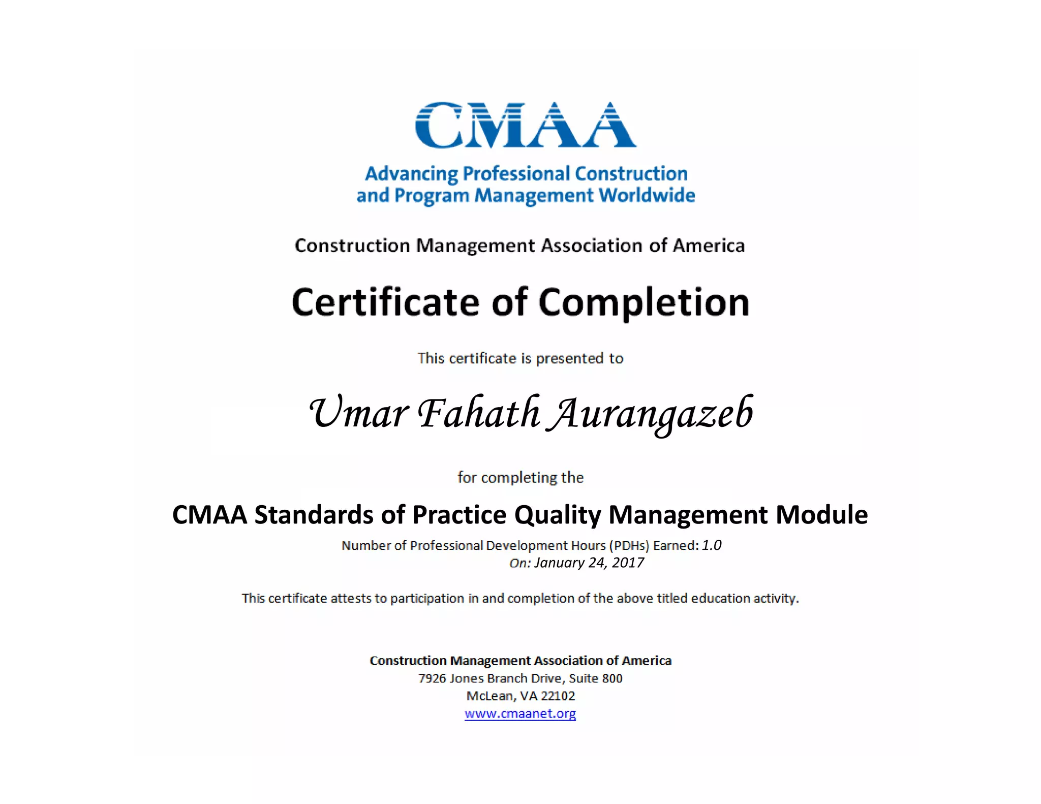 Aurangazeb, Umar Fahath_CMAA Certificates | PDF