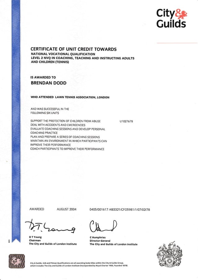 Brendan Dodd - LTA Level 2 NVQ | PDF