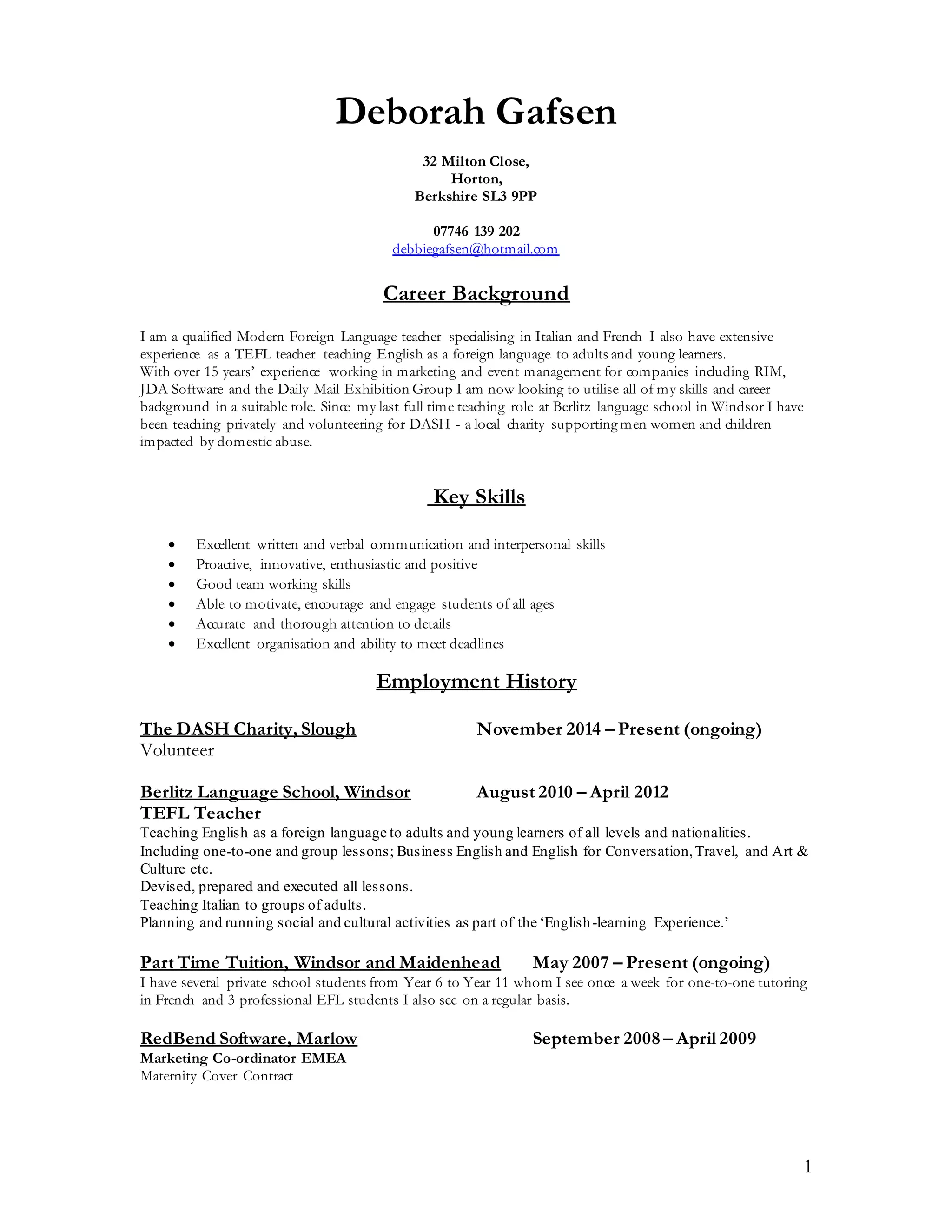 Deborah Gafsen CV Primary Teacher Ma 2015 | DOCX
