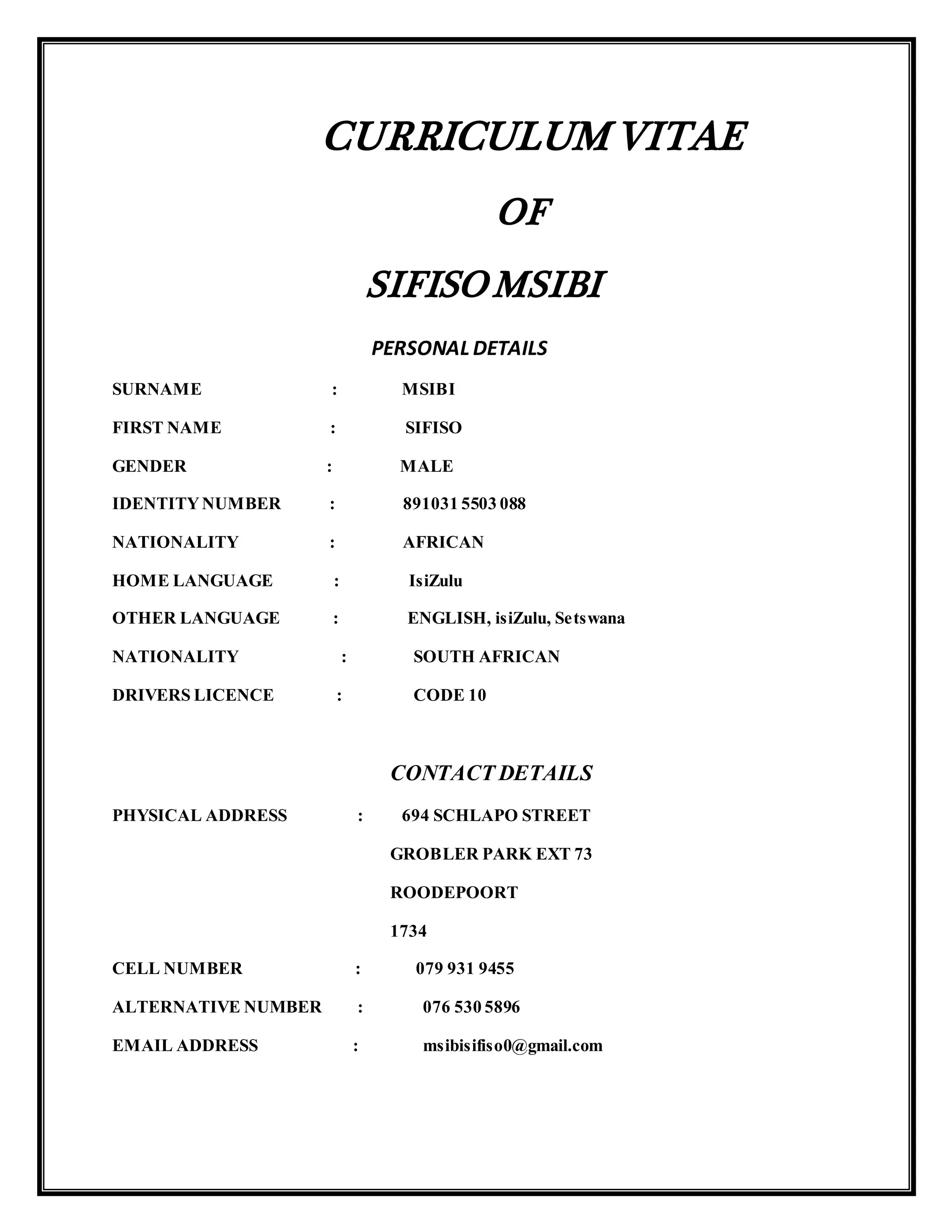 CURRICULUM VITAE of MSIBI SIFISO | PDF