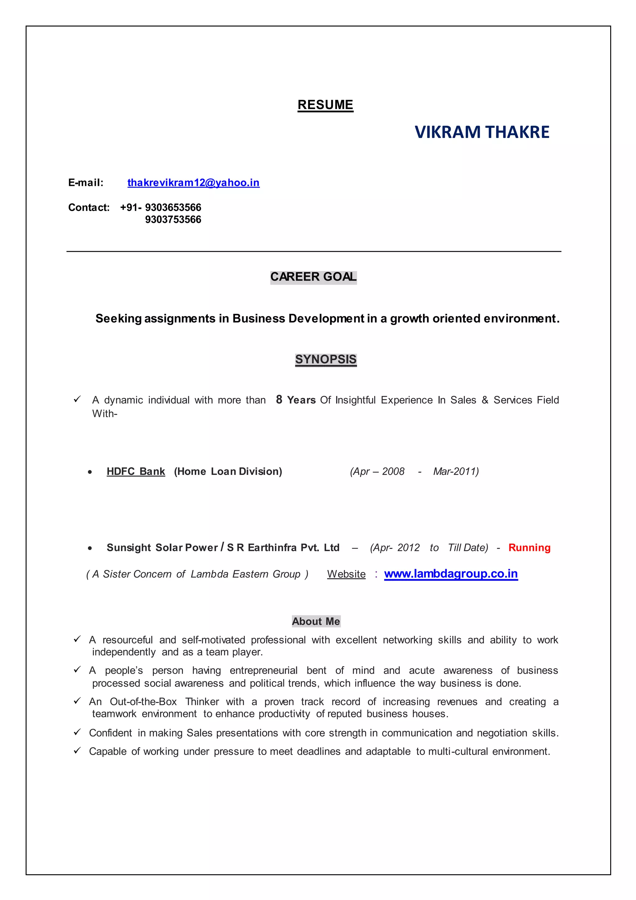 RESUME Vikram.... | DOCX | Business | Business and Finance