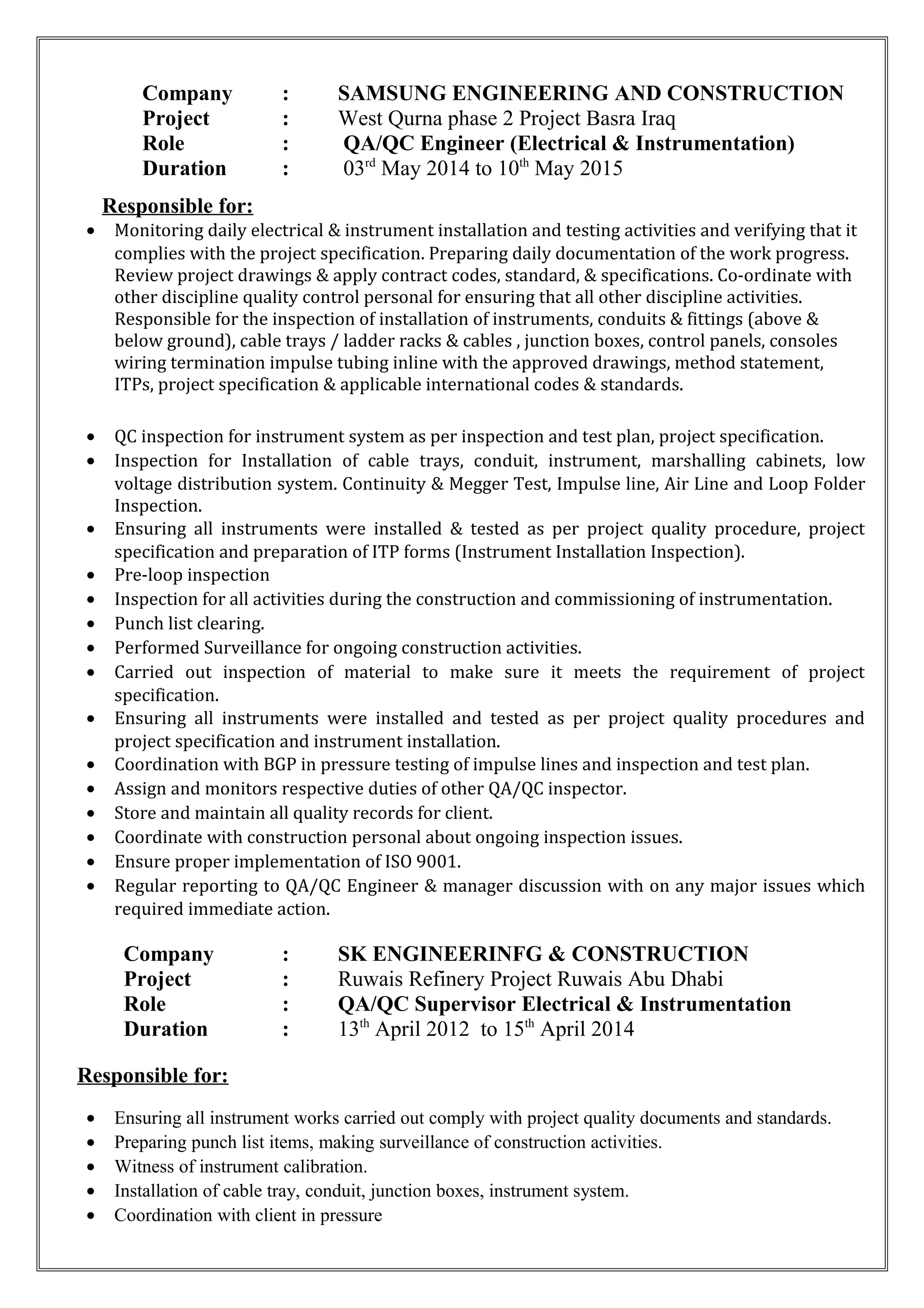 SHAMSHAD QAQC RESUME | DOC | Civil Engineering Industry | Industries