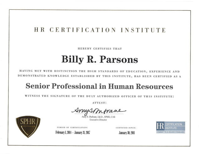 Billy R Parsons - SPHR Certificate | PDF