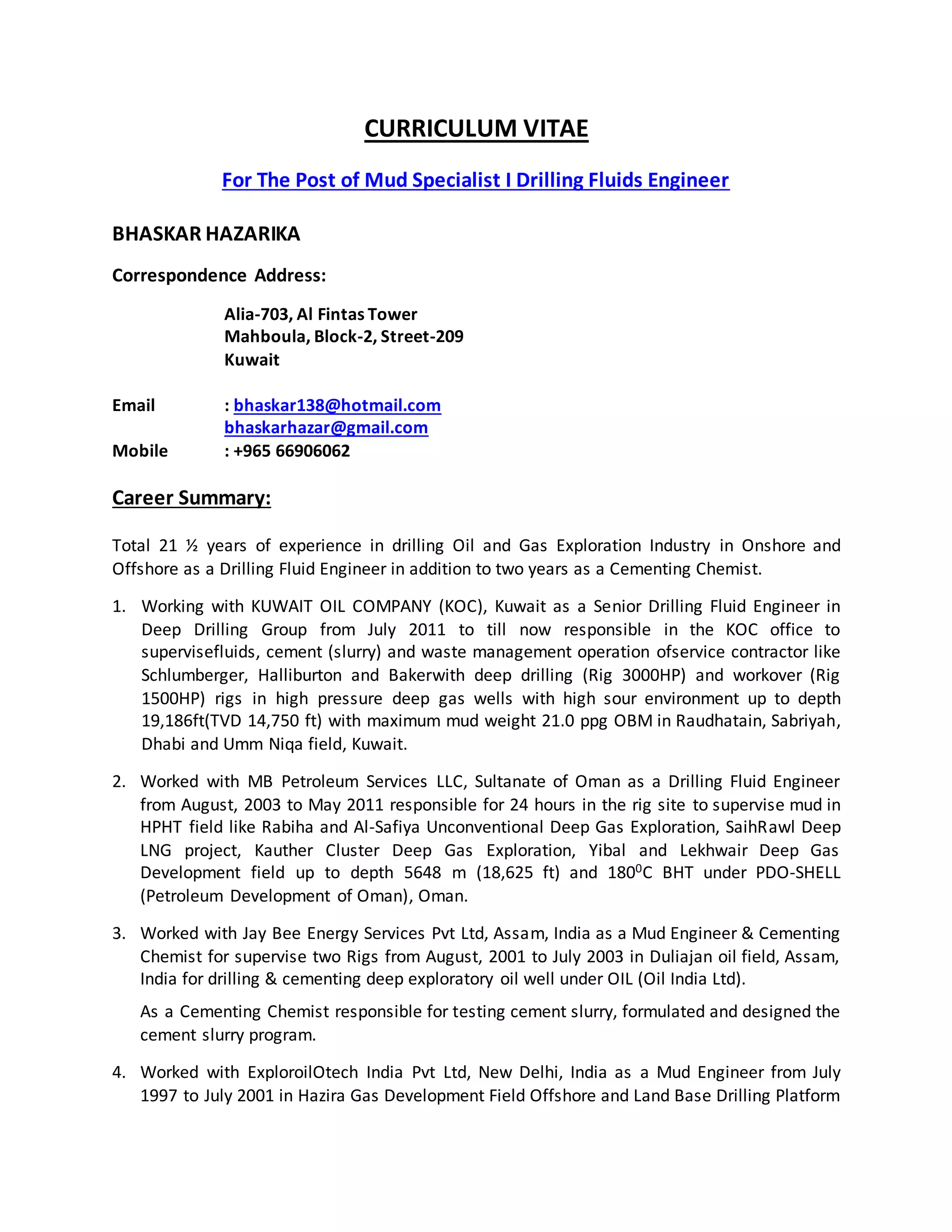 CV for the post of Mud Specialist I Drilling Fluids Engineer | DOCX