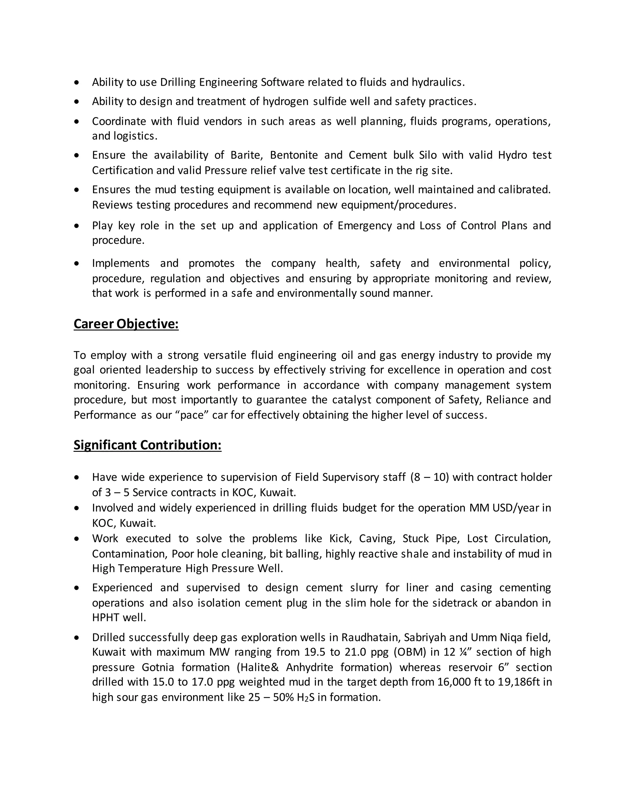 CV for the post of Mud Specialist I Drilling Fluids Engineer | DOCX