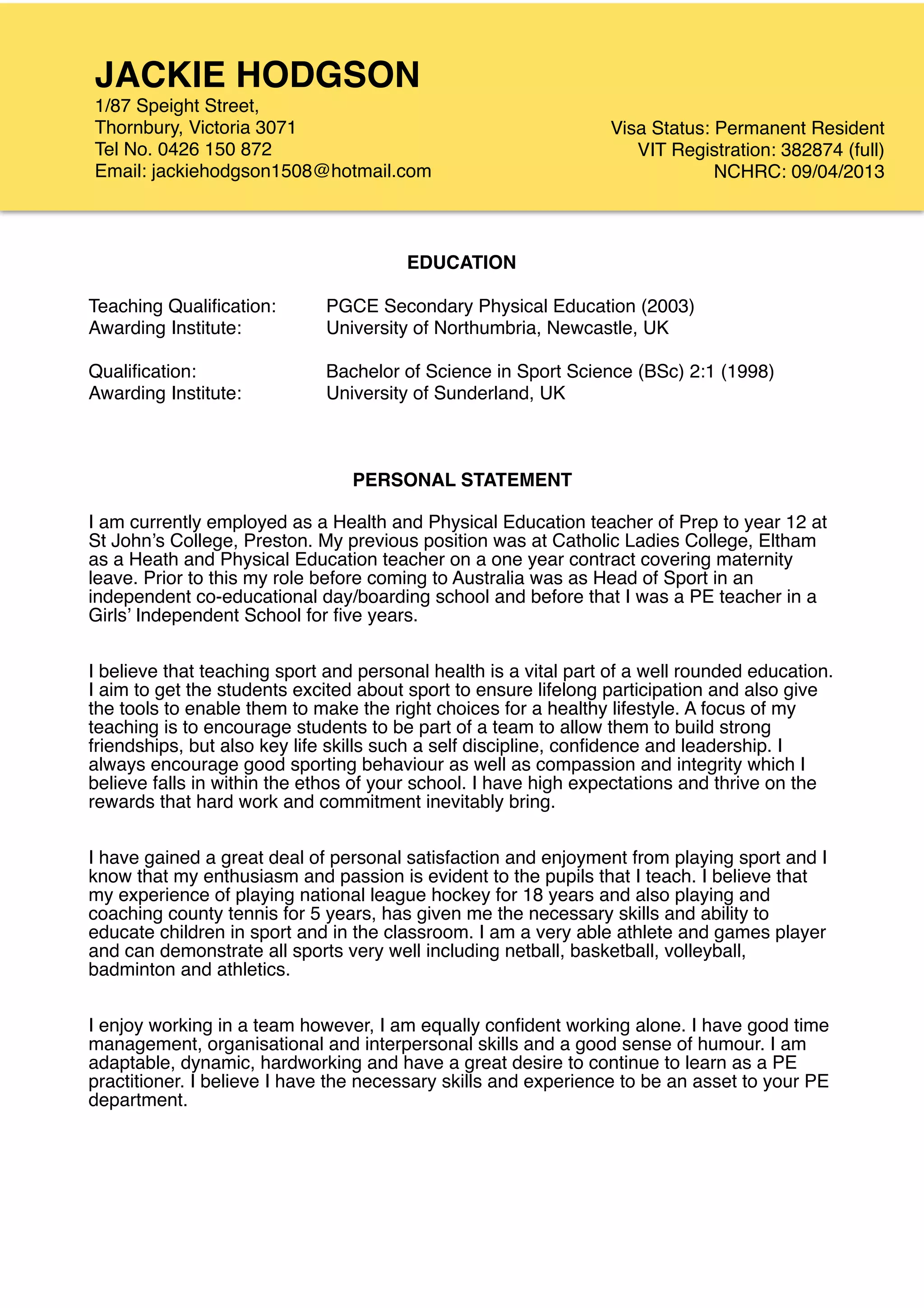 Jackie Hodgson Curriculum Vitae | PDF