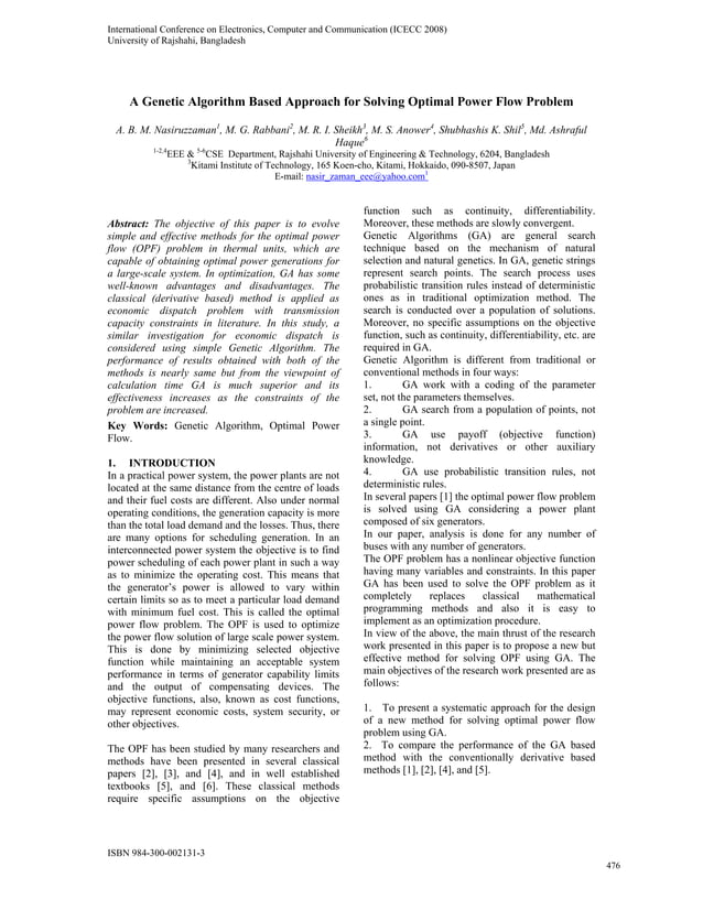 A Genetic Algorithm Based Approach for Solving Optimal Power Flow Problem | PDF